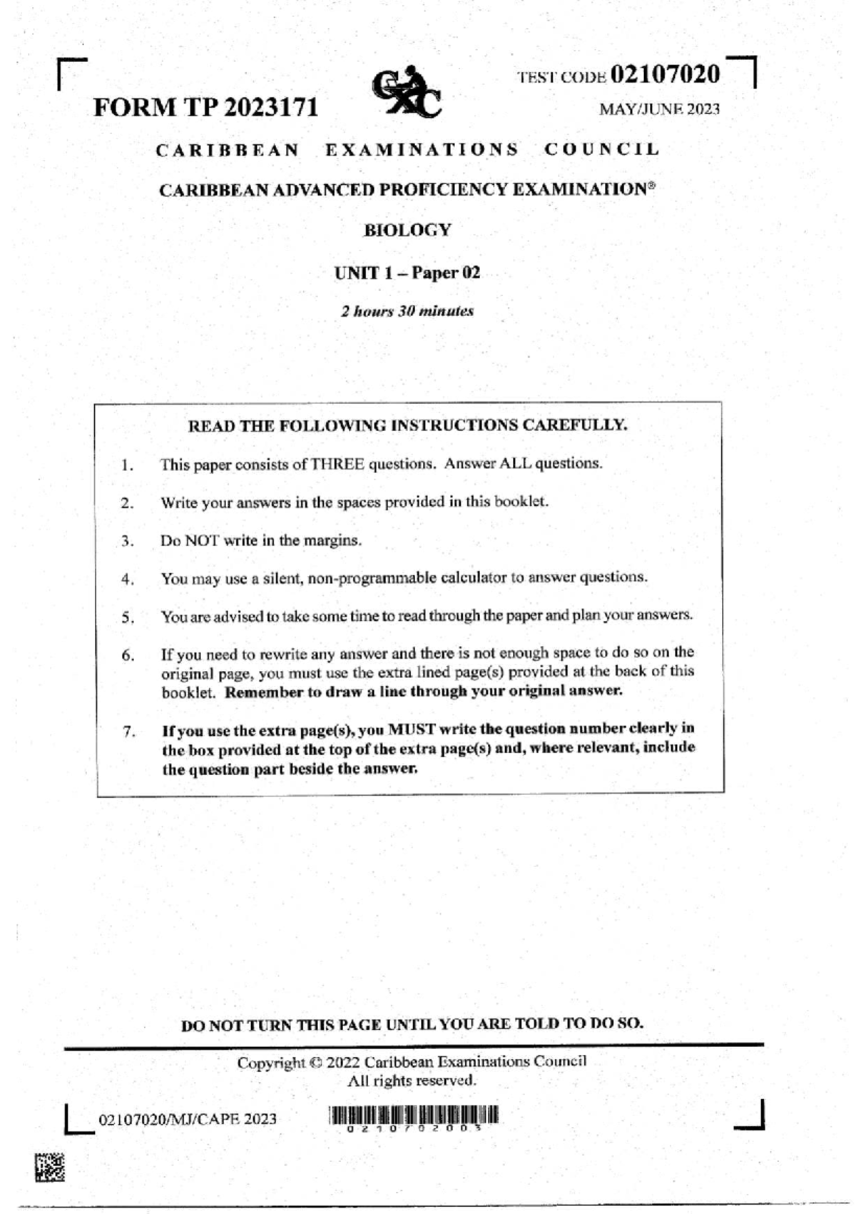 CAPE Biology Unit 1 Paper 02 Exam 2023 - Test Code 02107020 - Studocu