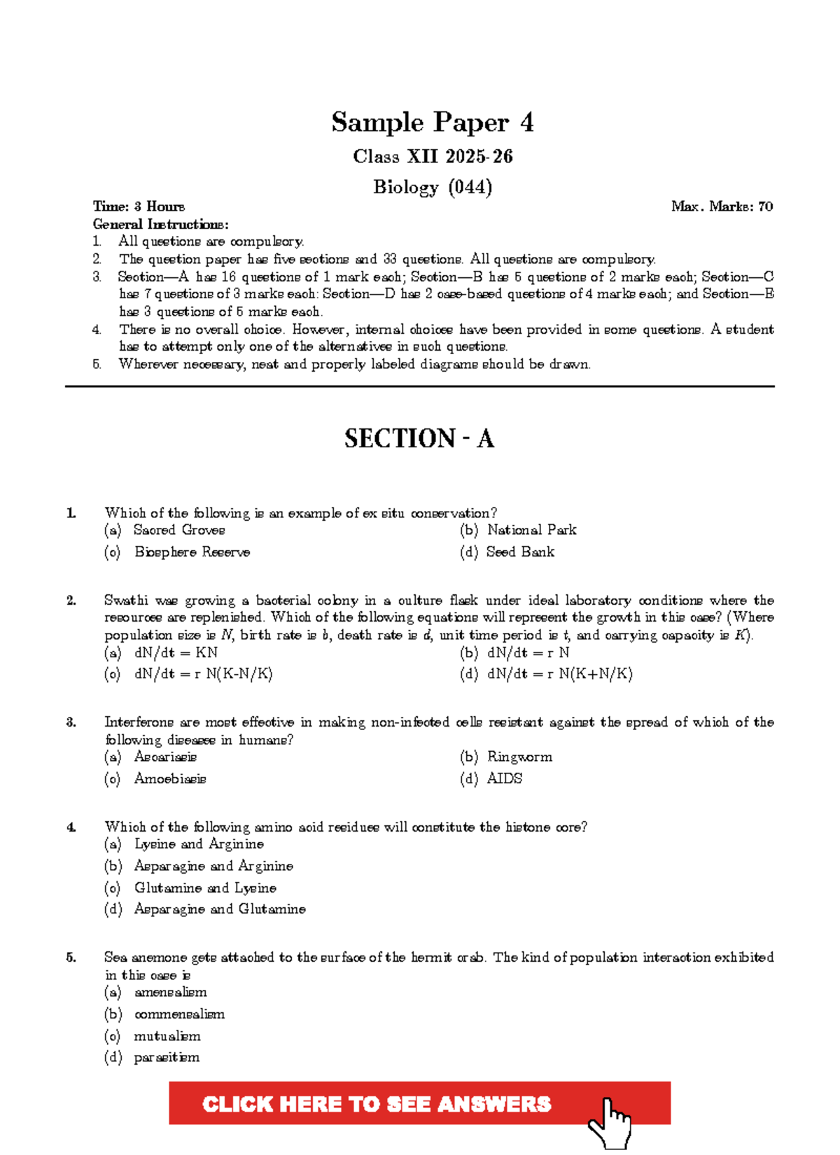 Sample Paper 4: Class XII Biology (044) - Comprehensive Exam Guide ...