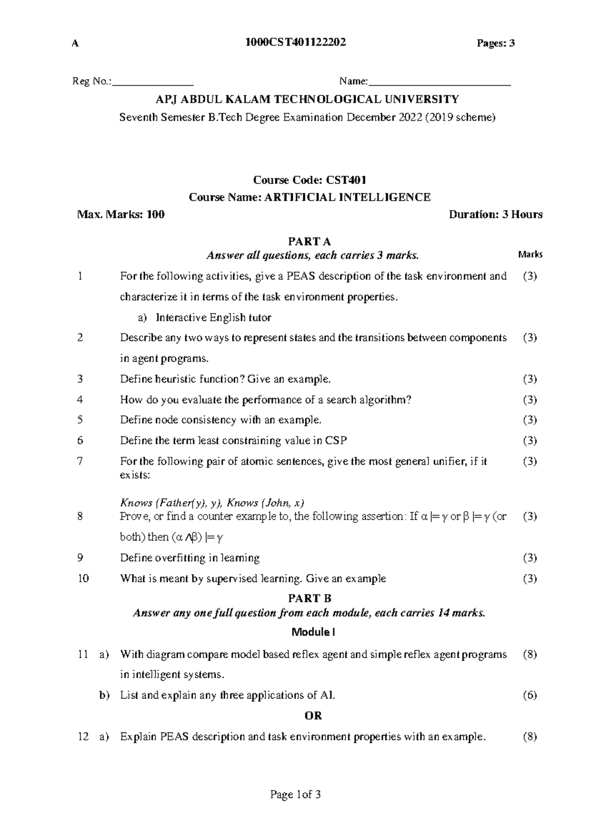 CST401 - AI Final Exam December 2022 - B.Tech 7th Sem - Studocu