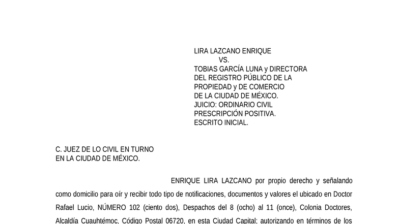 Demanda Ordinaria Civil: LIRA LAZCANO ENRIQUE vs. TOBIAS GARCÍA LUNA ...