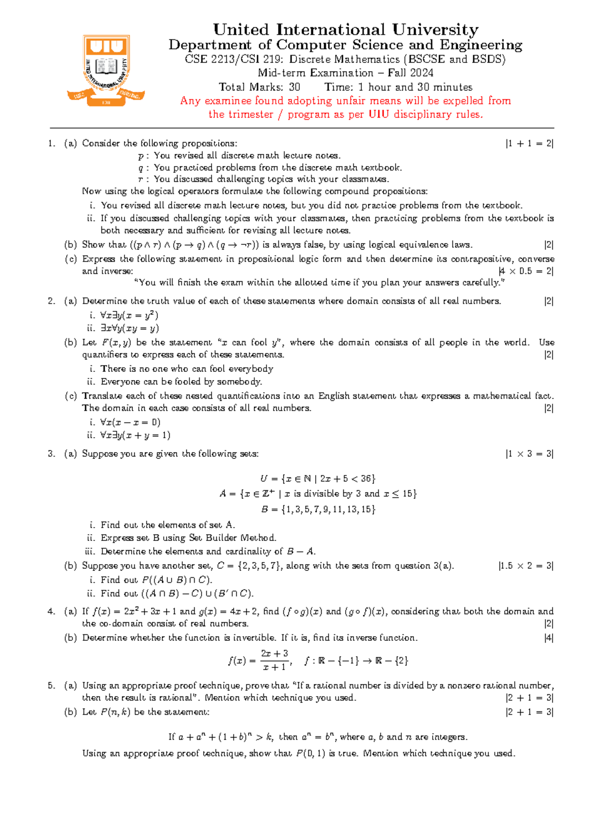 UIU CSE 2213 Mid-term Exam: Discrete Mathematics Fall 2024 - Studocu