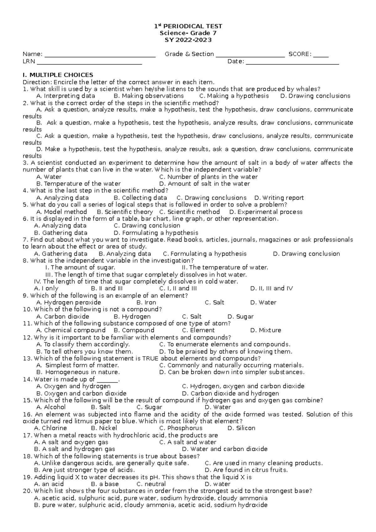 1st Periodic Test - Science 7 (SY 2022) Worksheet and Answer Key - Studocu