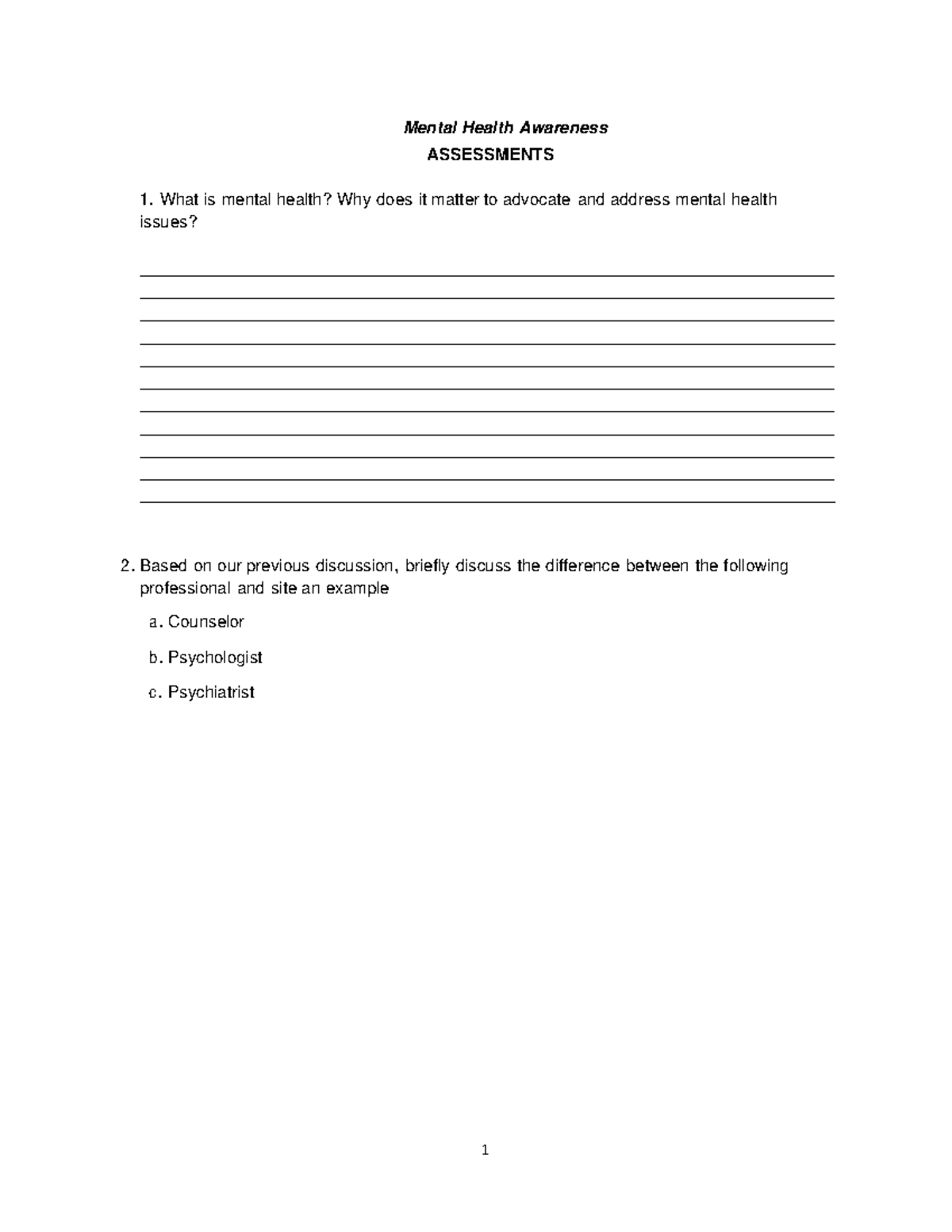 Activity mental health awareness - Bachelor of Science in Computer ...