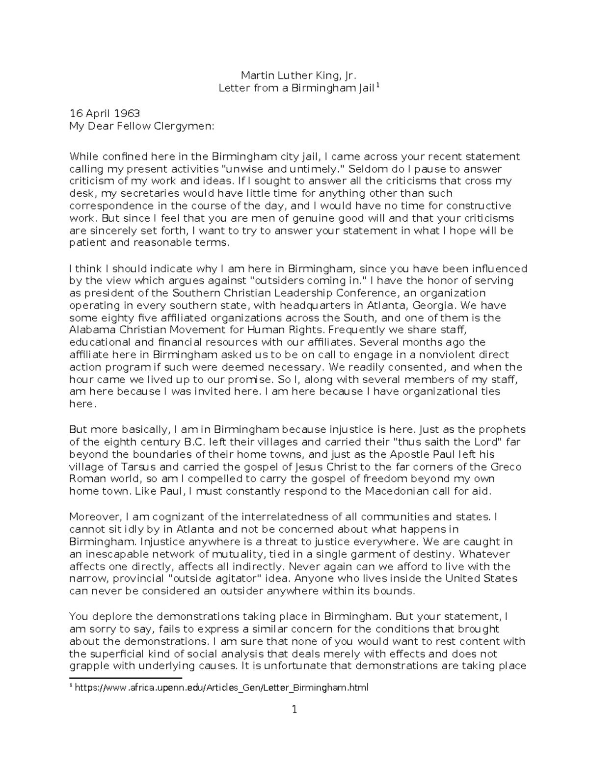 MLK Jr.'s "Letter from Birmingham Jail" - A Call for Racial Justice ...