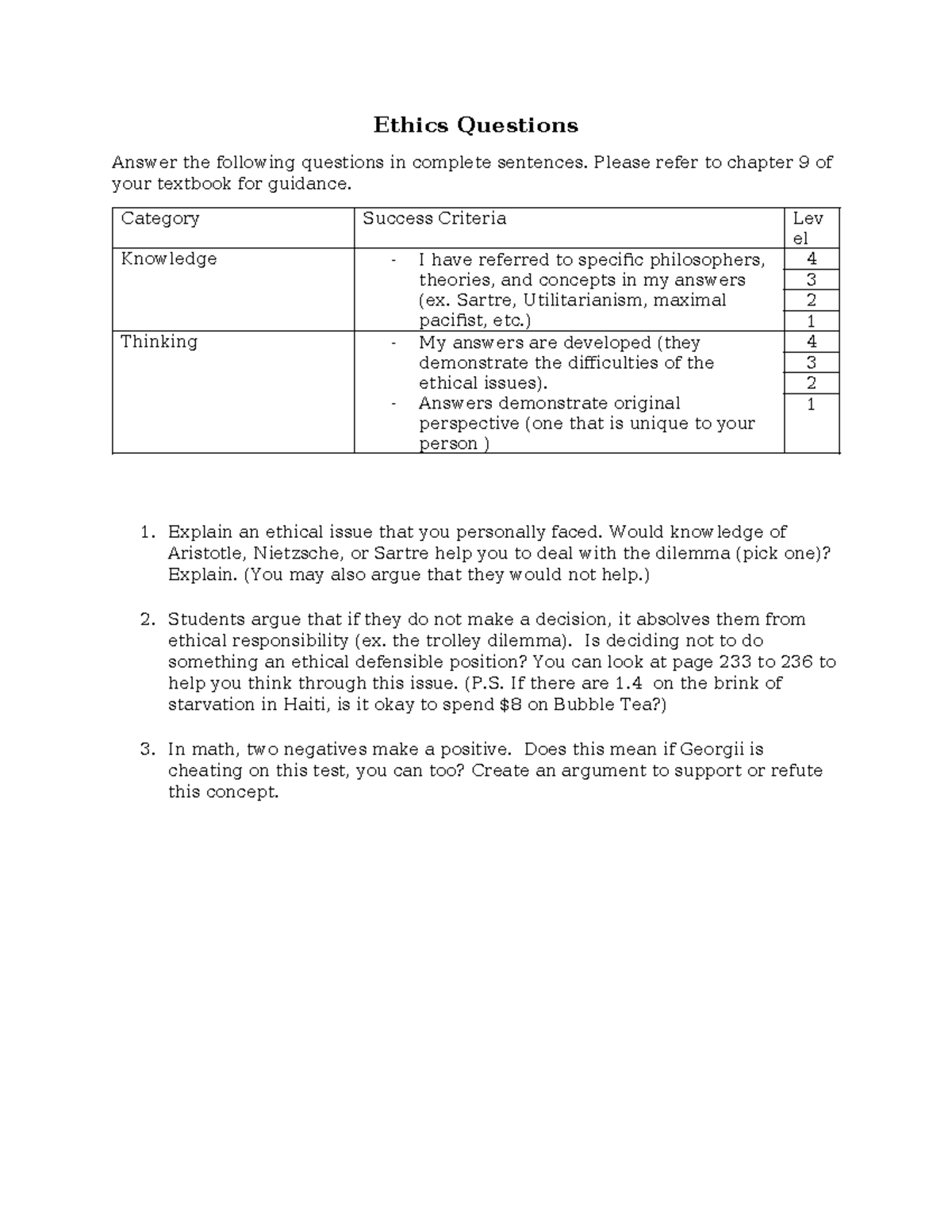 Ethics Questions - Homework (Chapter 9 Guidance) - Studocu