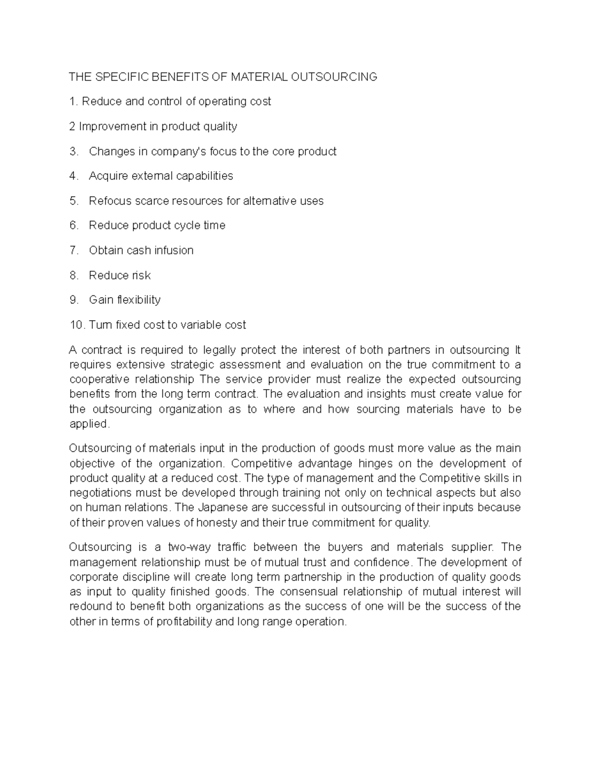 Lesson 50: Specific Advantages of Material Outsourcing - Studocu