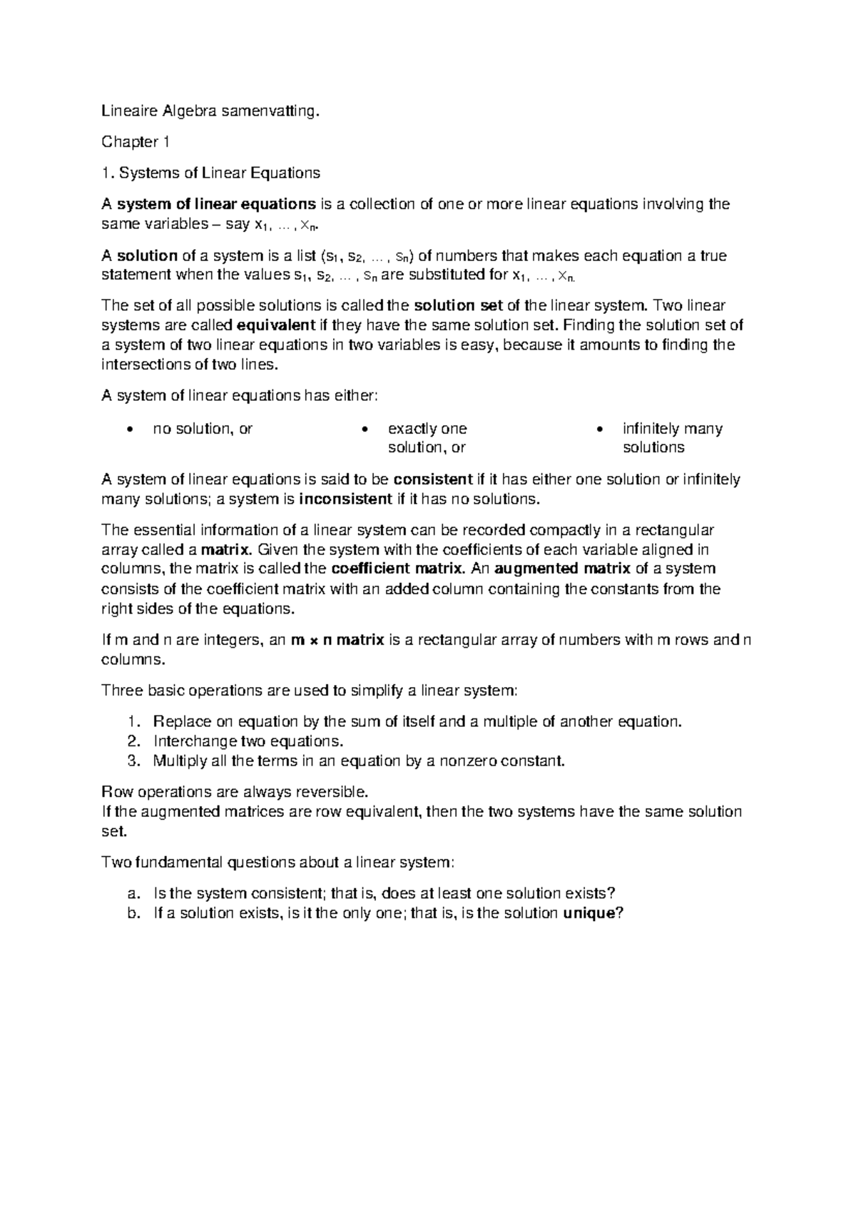 Linear Algebra Summary: Key Concepts and Matrix Operations (MA101 ...