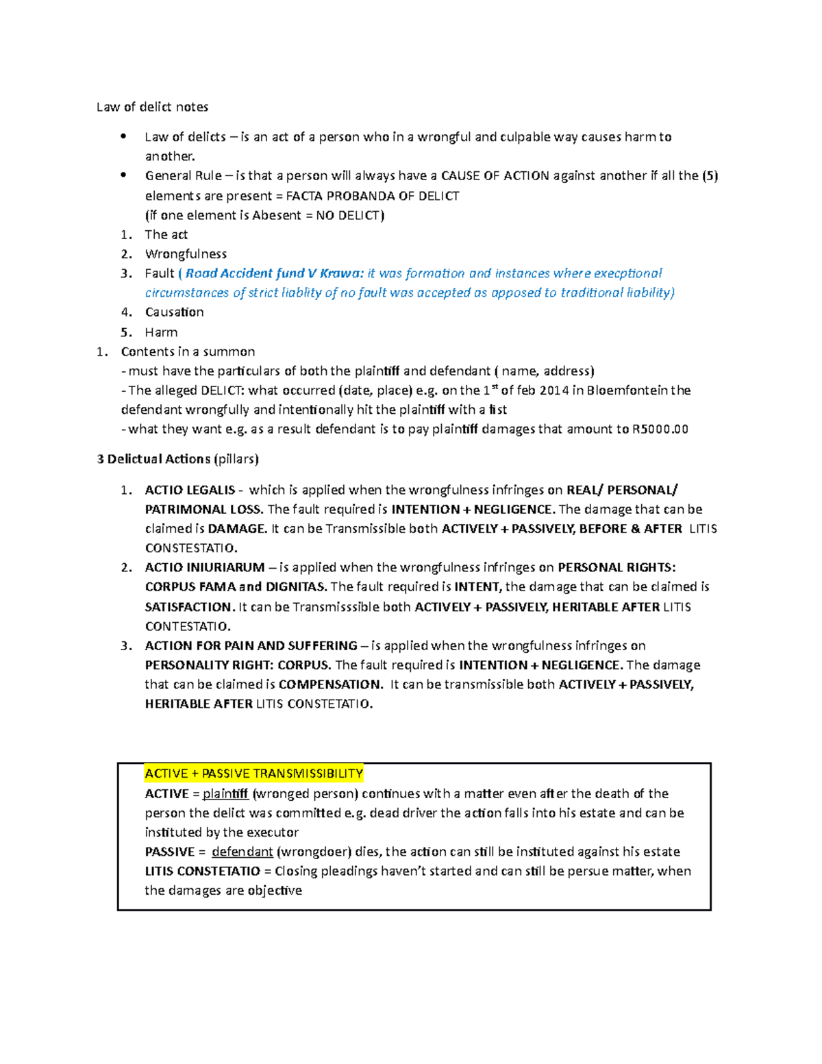 Law of delict notes unit 1 - 3 - Law of delict notes Law of delicts ...
