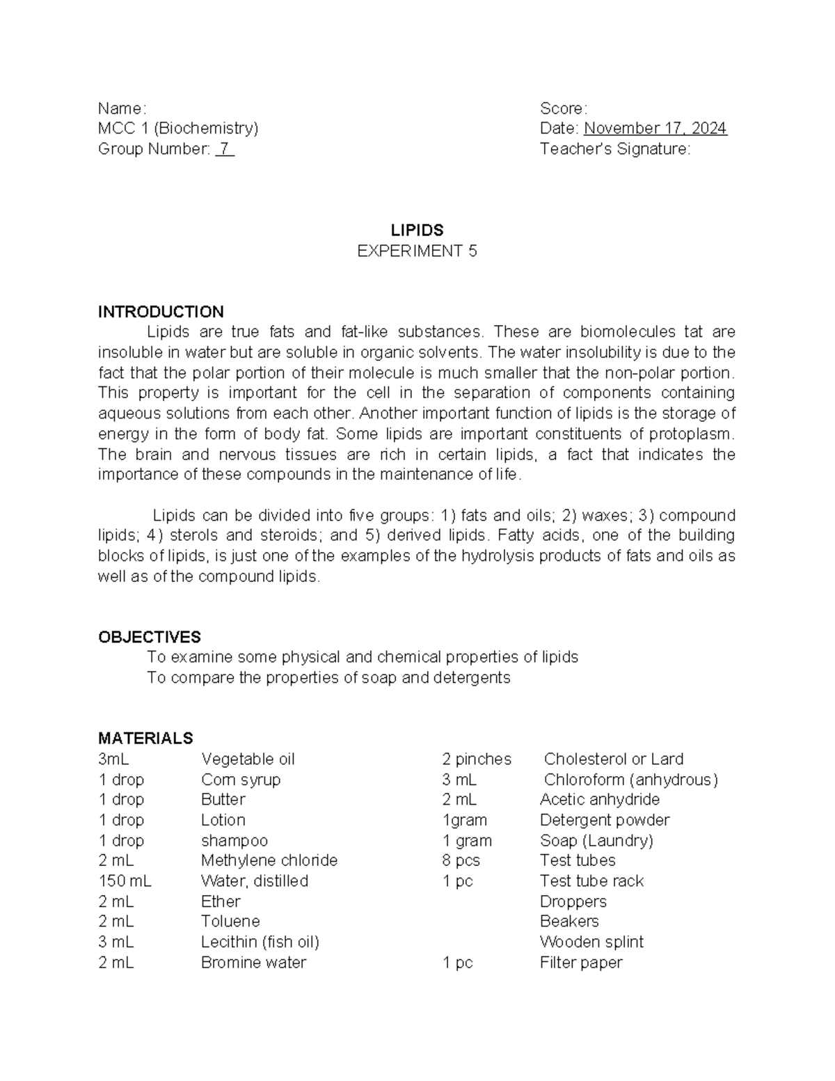 Experiment 5: Analyzing Lipid Properties and Soap-Detergent Comparisons ...