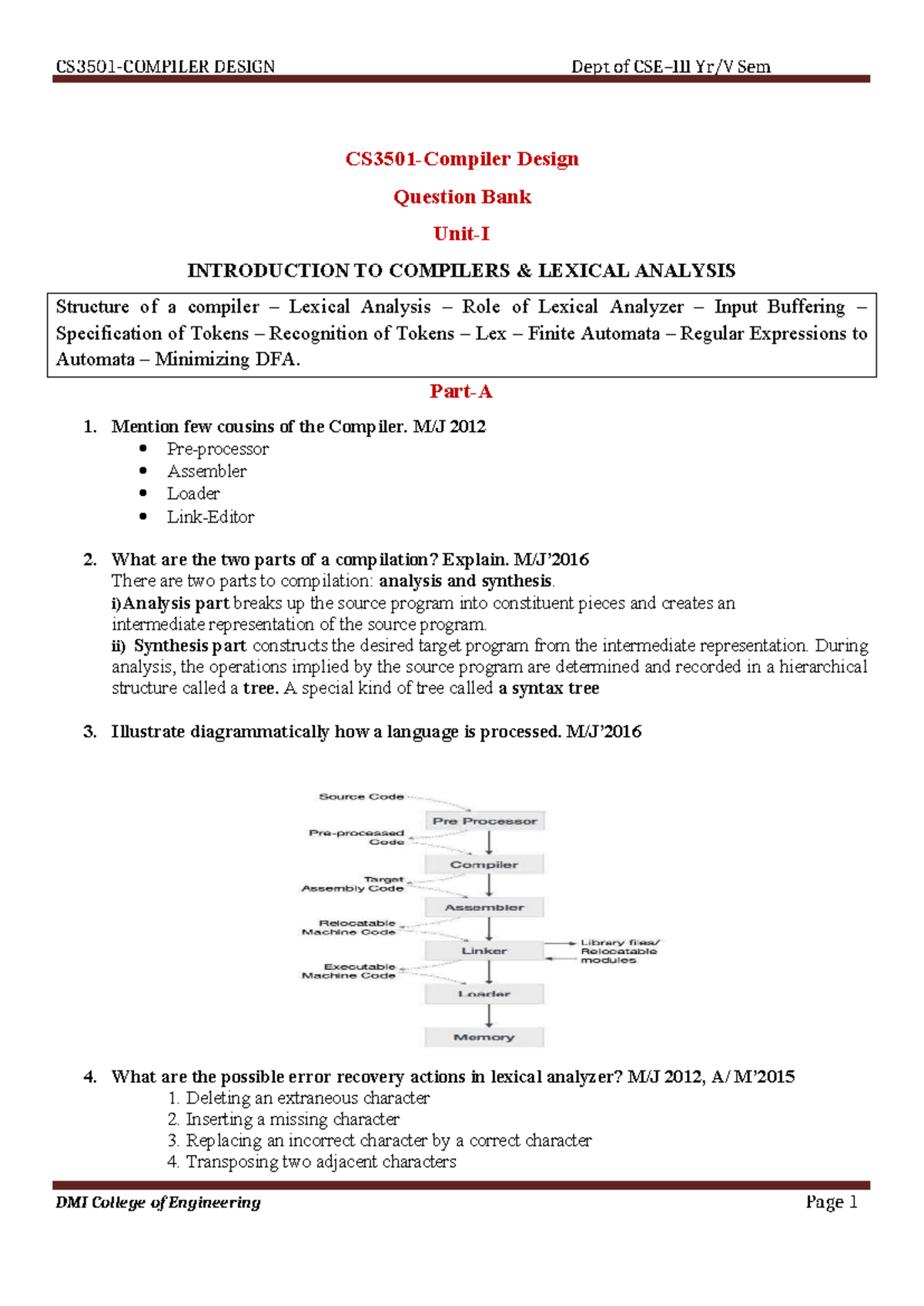 CS3501 Compiler Design: Lexical Analysis and Syntax Fundamentals - Studocu
