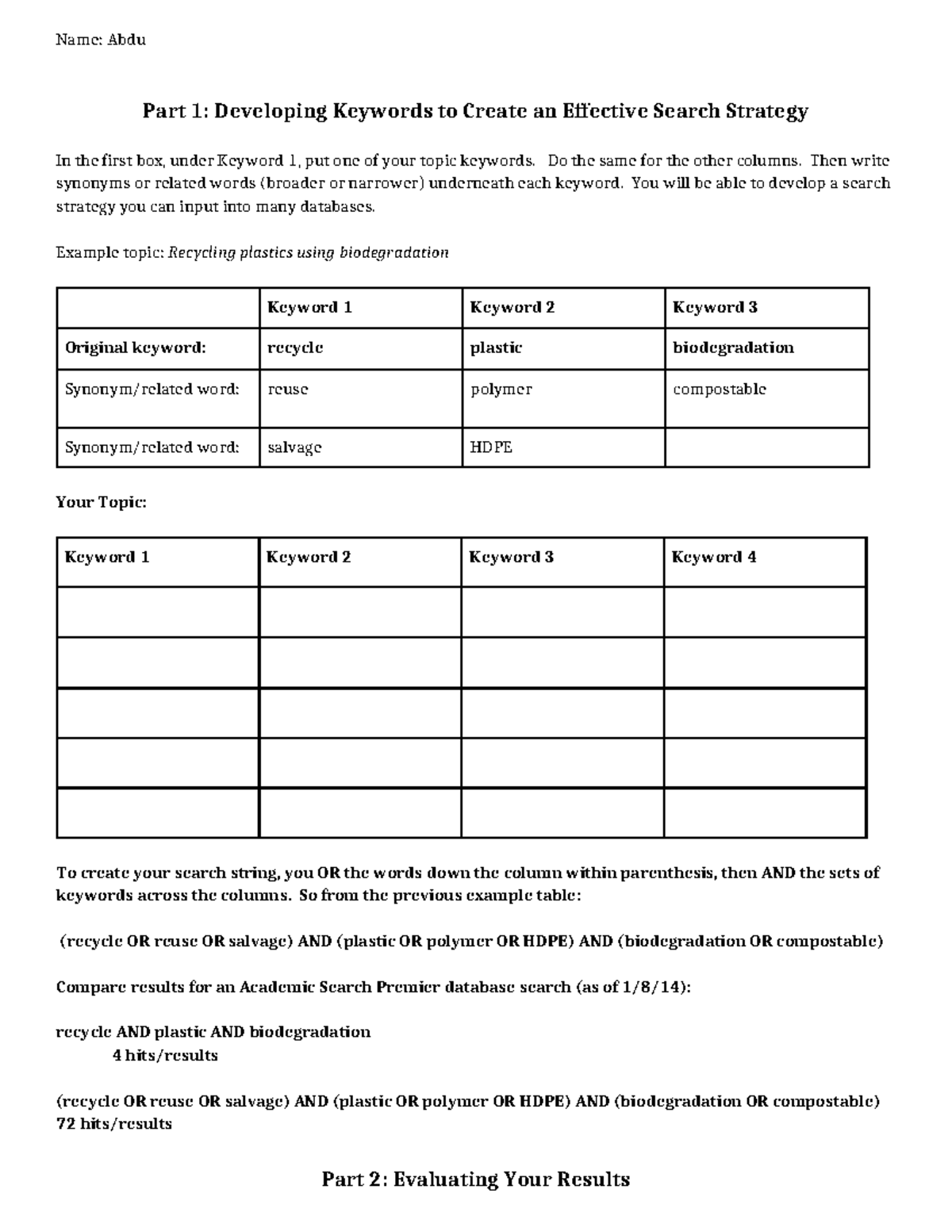Keyword Development & Search Strategy Worksheet for Research - Studocu