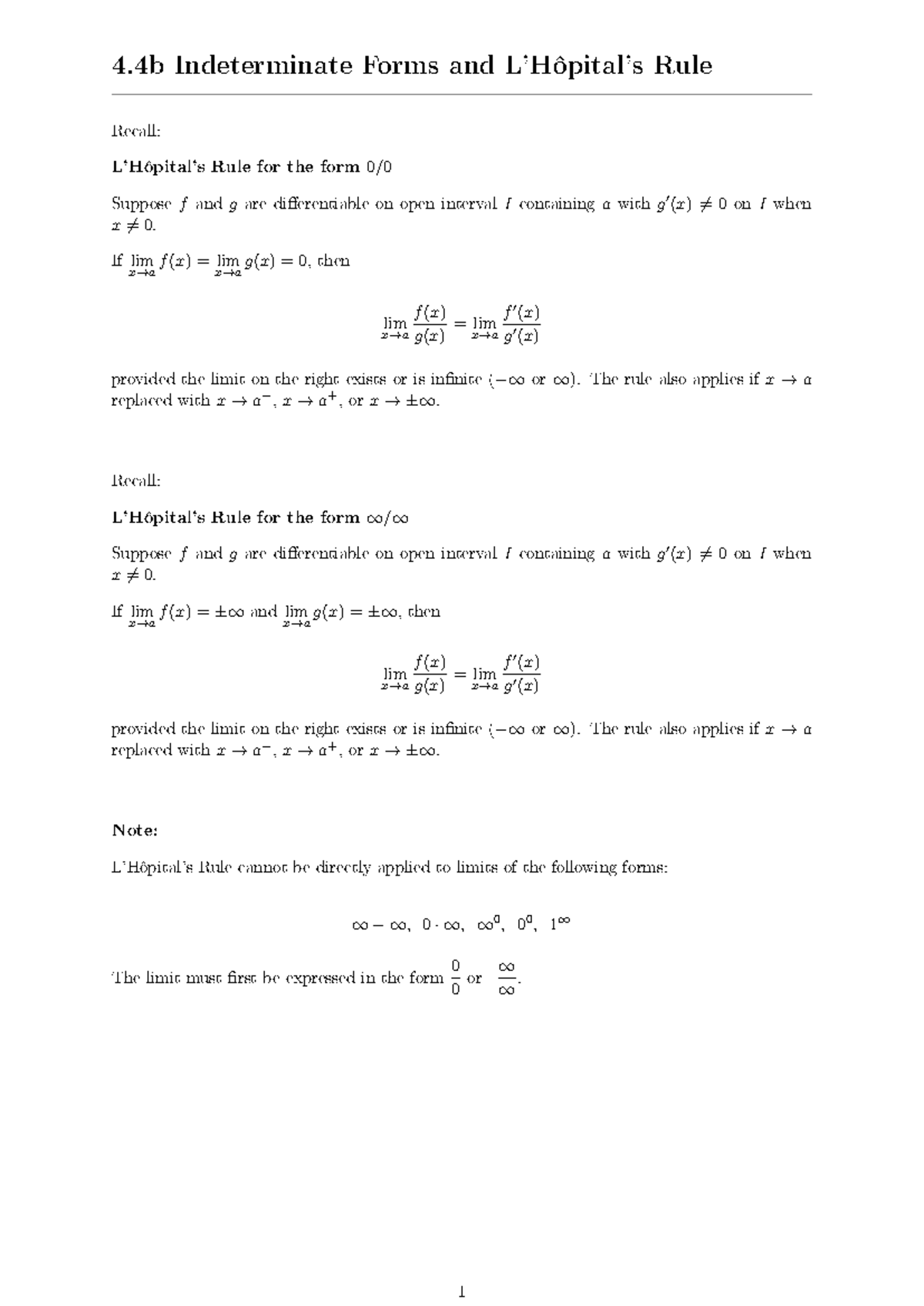 4.4b Indeterminate Forms & L'Hôpital's Rule: Key Concepts - Studocu