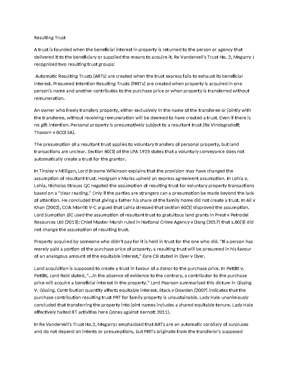 Resulting Trusts: An In-Depth Essay Analysis on Key Principles - Studocu