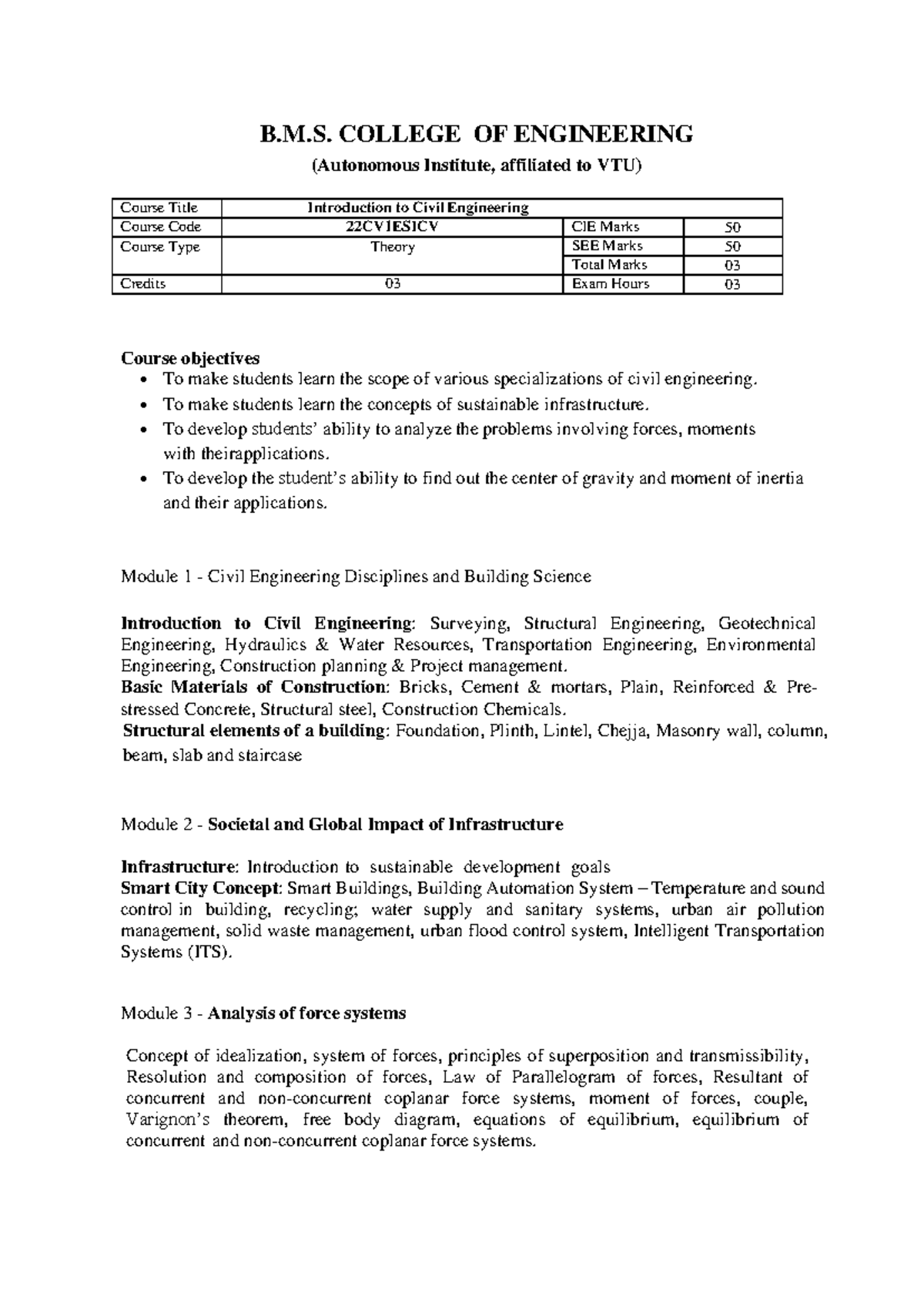 22CV1ESICV: Intro to Civil Engineering - Course Overview and Modules ...