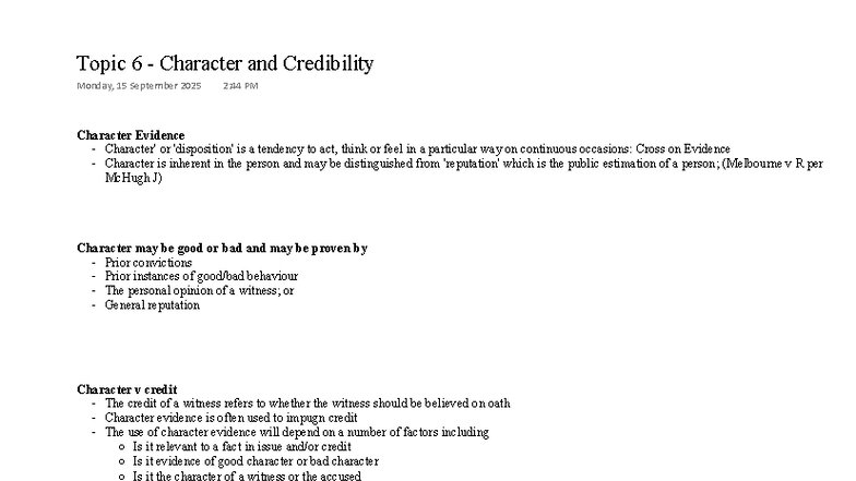 Topic 6: Character Evidence and Credibility in Legal Context (Evidence ...