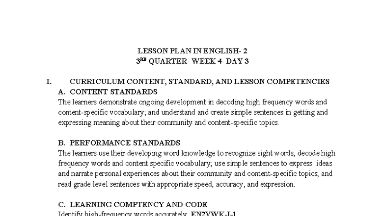 LESSON PLAN IN ENGLISH Q3 W4: COMMUNITY WORDS & ACTIONS - Studocu