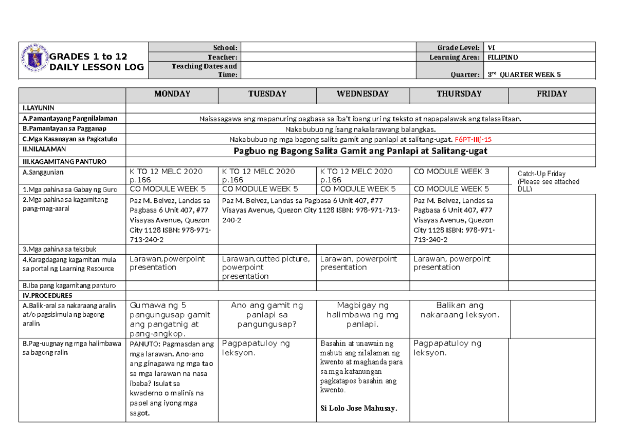 DLL Filipino 6 Q3 W5 - Daily Lesson Log for Grade 6 Students - Studocu