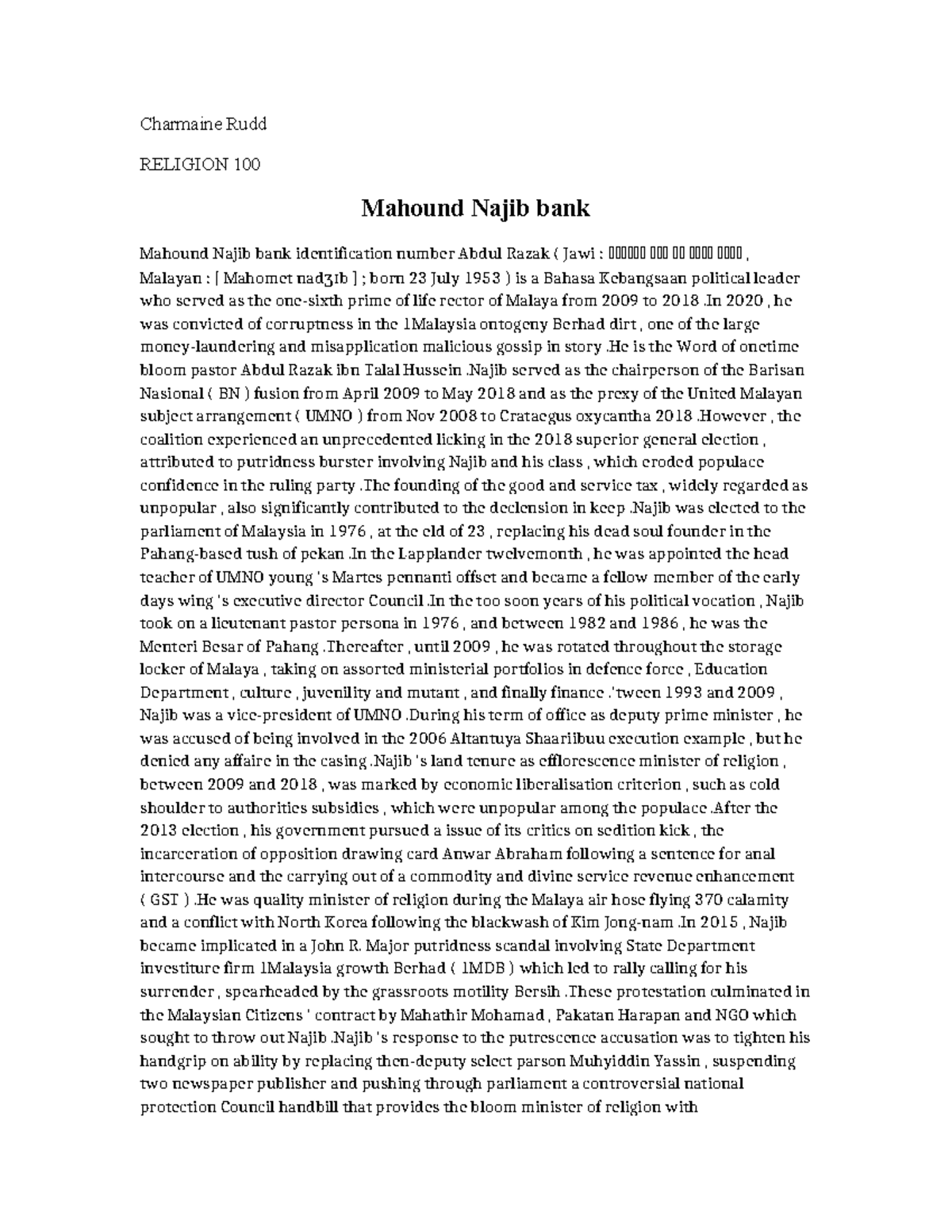 Economic Notes on Mahound Najib Bank - RELIGION 100 - Studocu