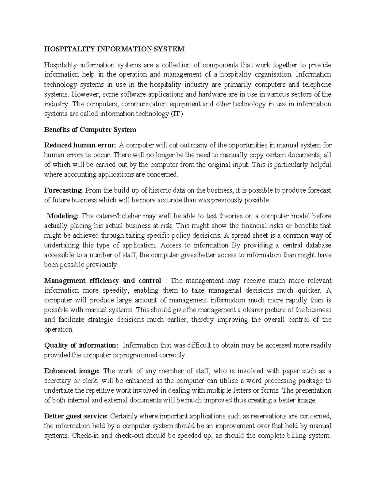 SEH 306; Overview of Hospitality Information Systems and Their Benefits ...