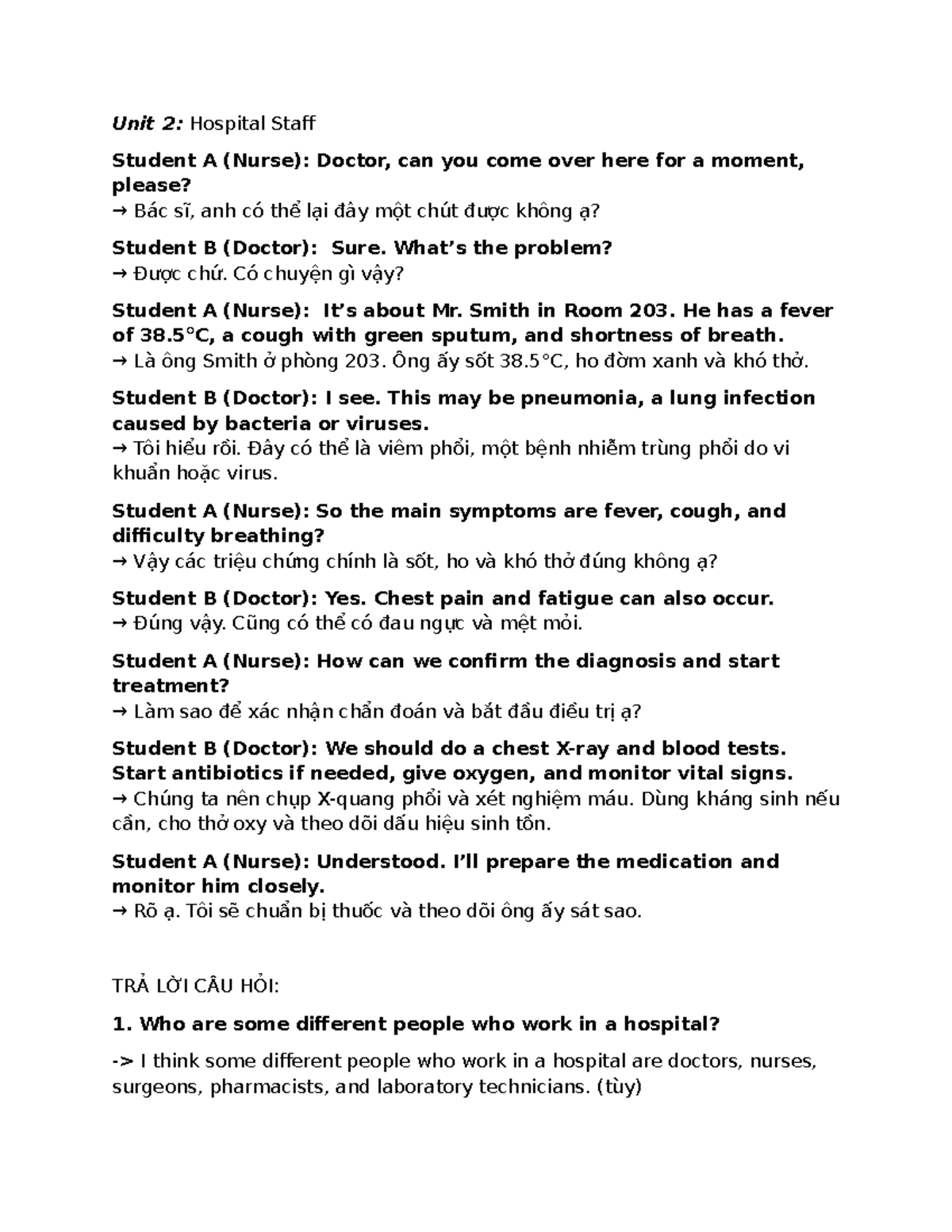 Unit 2: Hospital Staff and Equipment Overview - Studocu