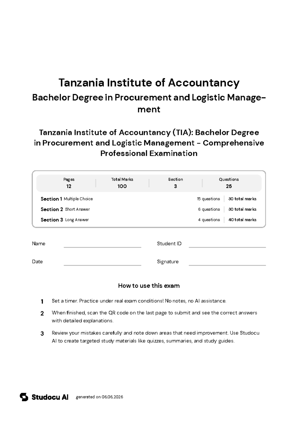 TIA Bachelor Degree in Procurement: Comprehensive Exam - Studocu