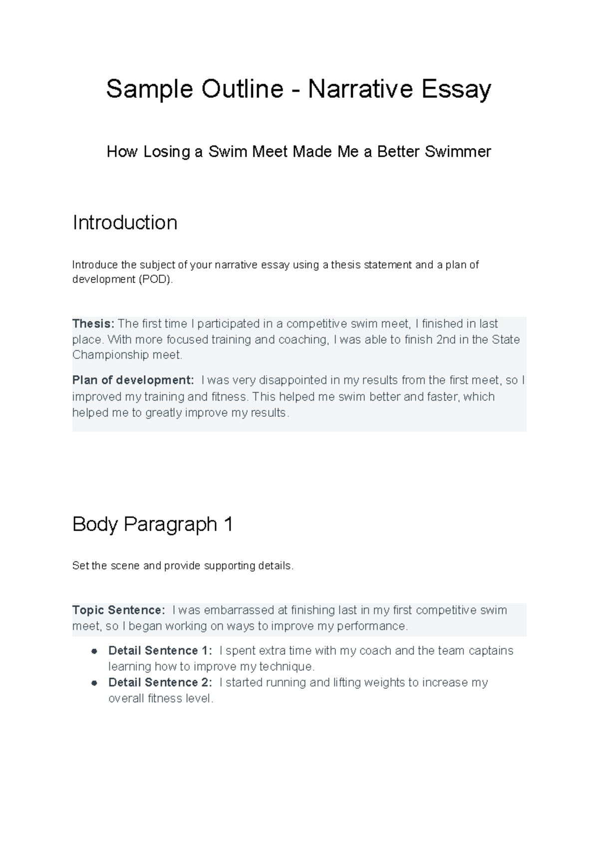 Grade 8 Narrative Essay Outline: Overcoming Swim Meet Challenges - Studocu