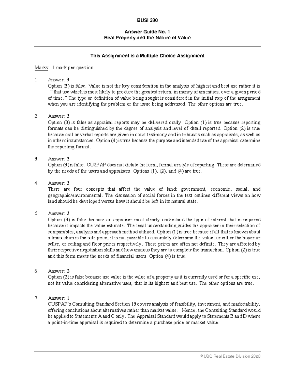 BUSI 330 - Assignment 1 Answer Guide for Real Property Value - Studocu