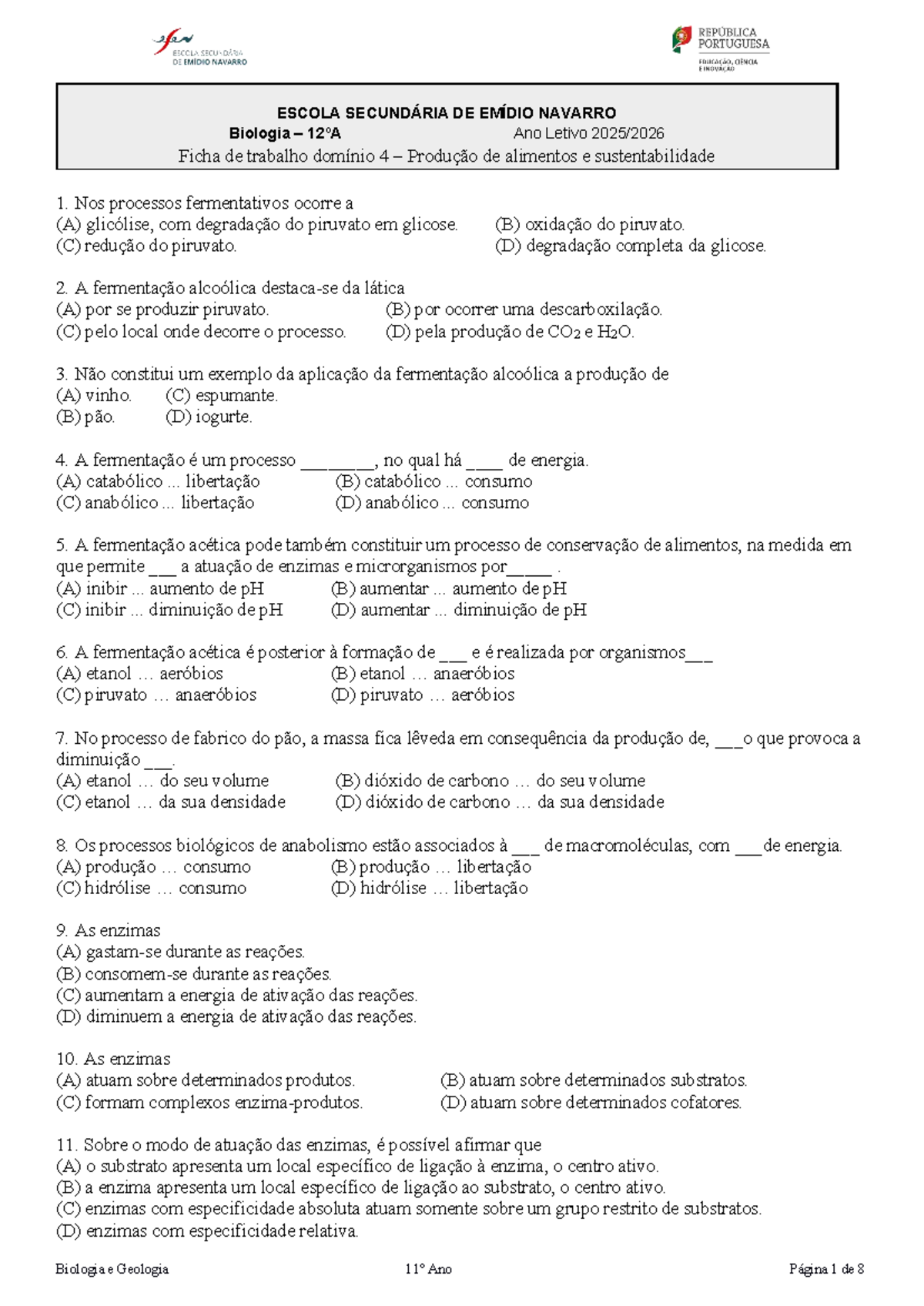 Ficha de Trabalho - Biologia 12ºA - Domínio 4: Produção de Alimentos e ...