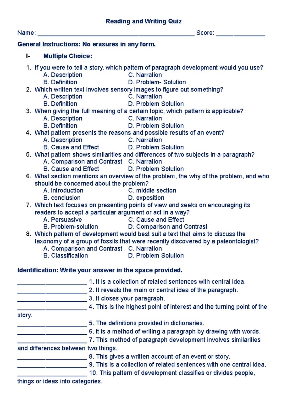 Reading and Writing Quiz - Reading and Writing Quiz Name: - Studocu