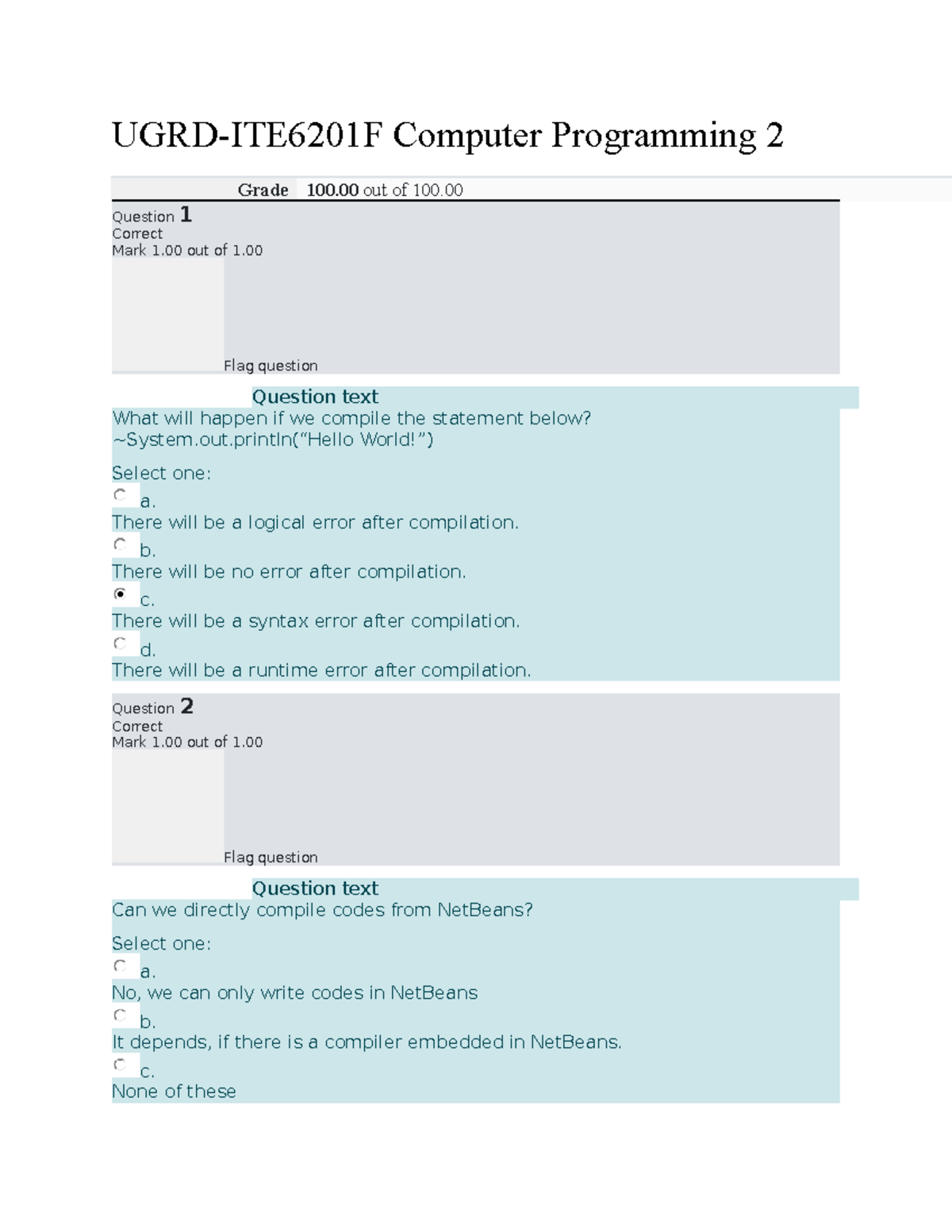 Computer Programming 2 UGRD-ITE6201F Quiz - Question Set 1 - Studocu
