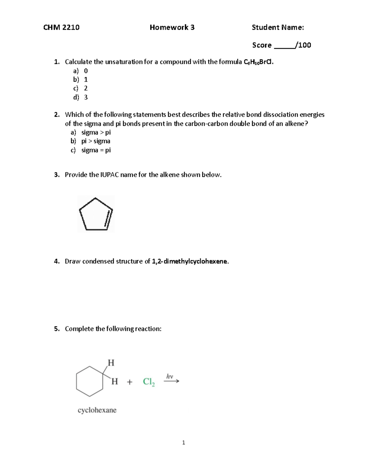 CHM 2210 - Homework 3: Organic Chemistry Practice Problems - Studocu