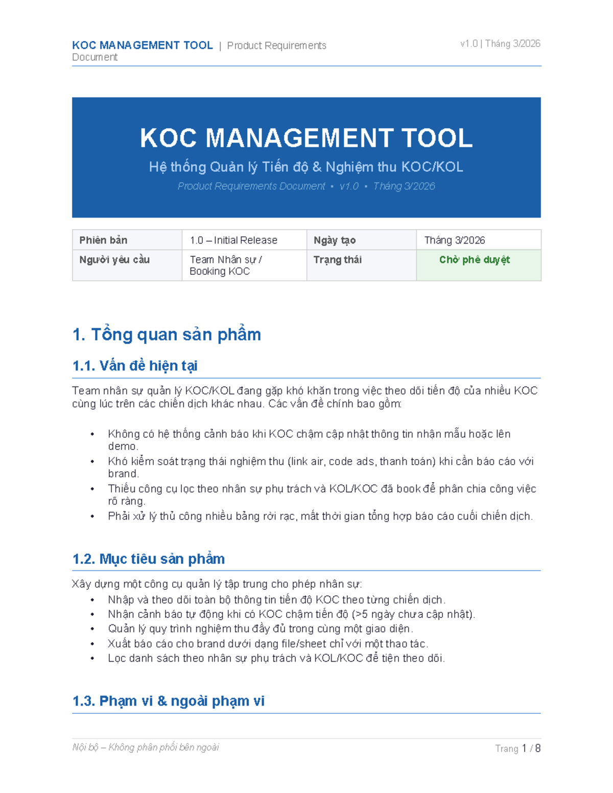 KOC MANAGEMENT TOOL Product Requirements Document v1.0 - Studocu