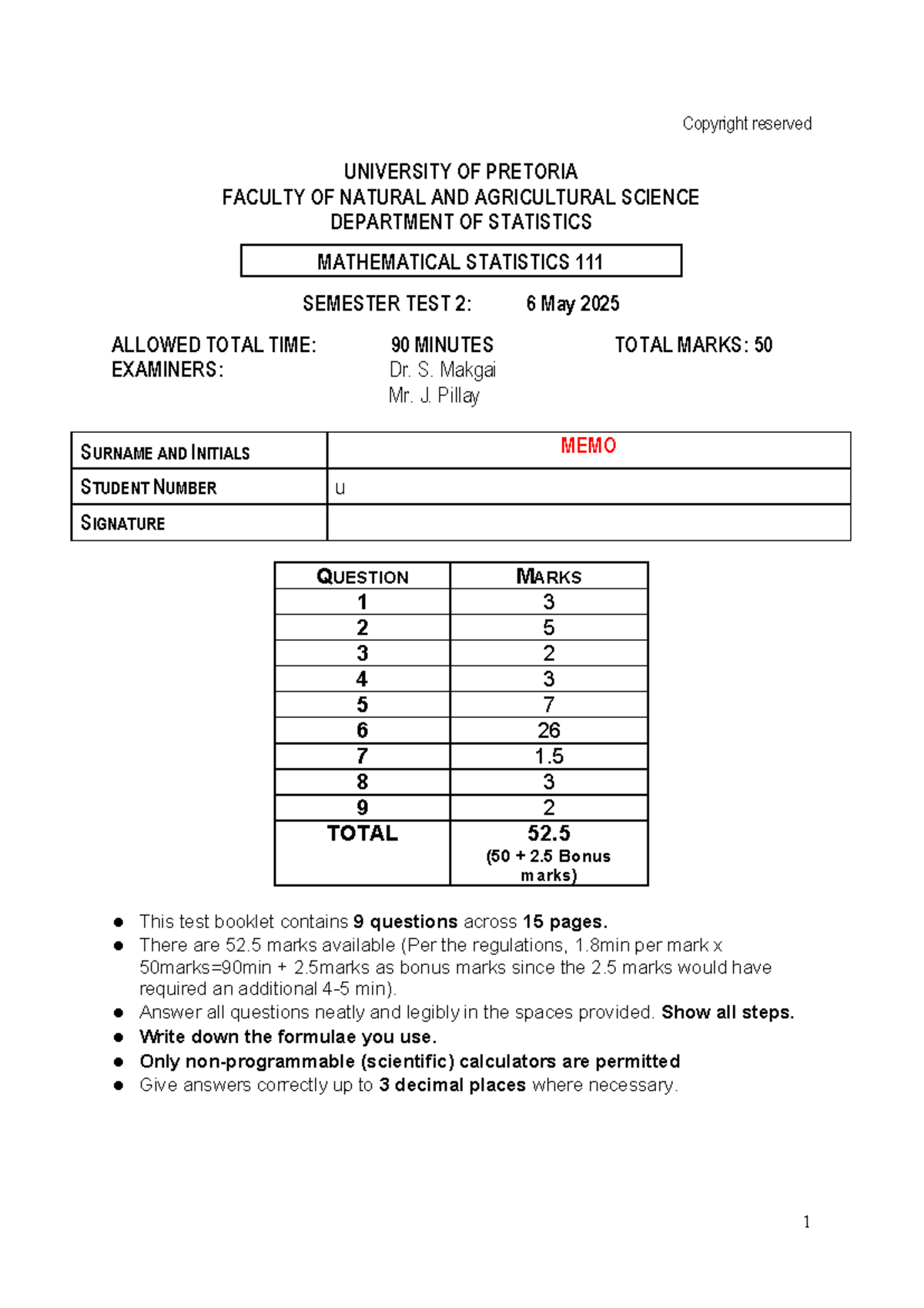 WST 111 ST2 Final Exam Memo: Mathematical Statistics Test 2 - Studocu