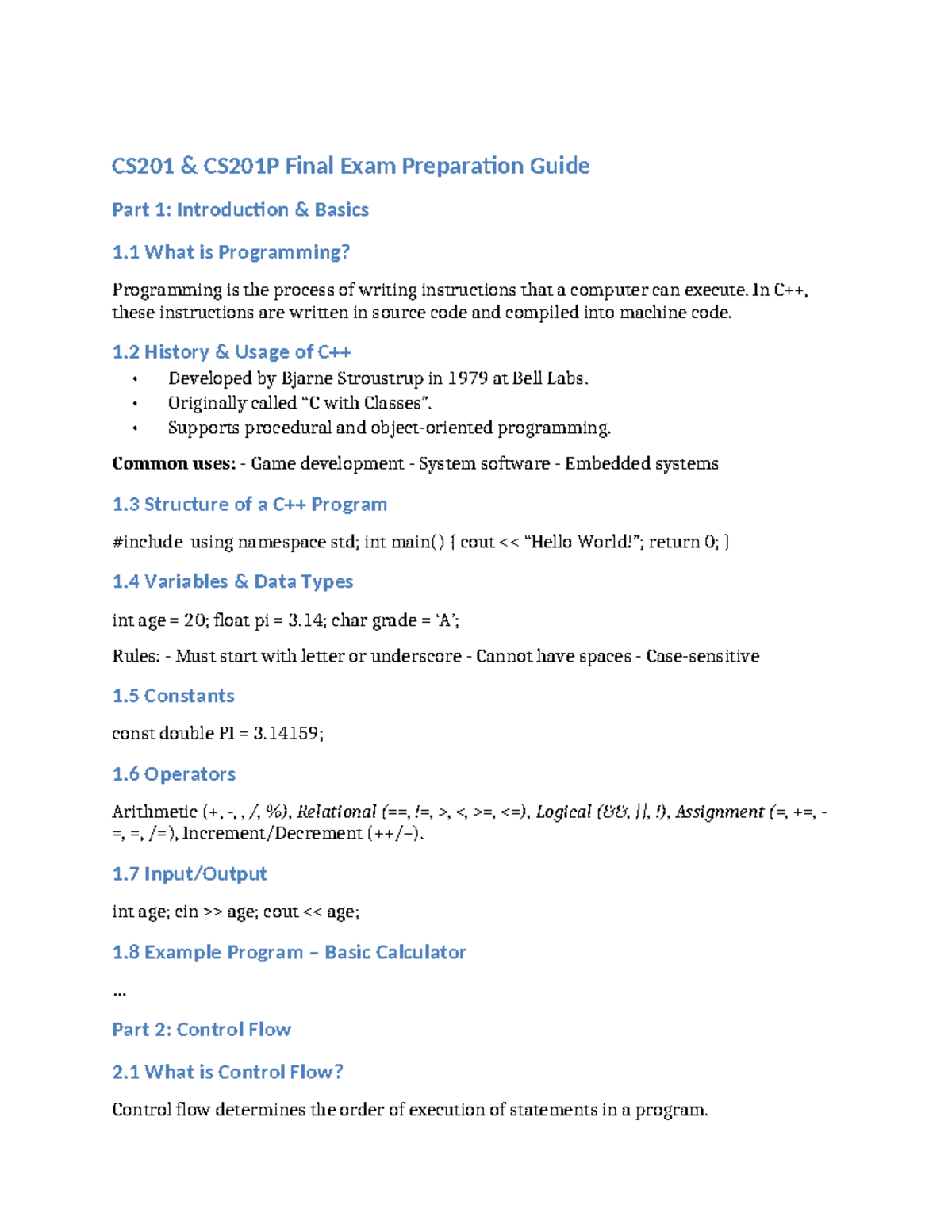 CS201 CS201P Final Exam Prep Guide: Programming Fundamentals Overview ...