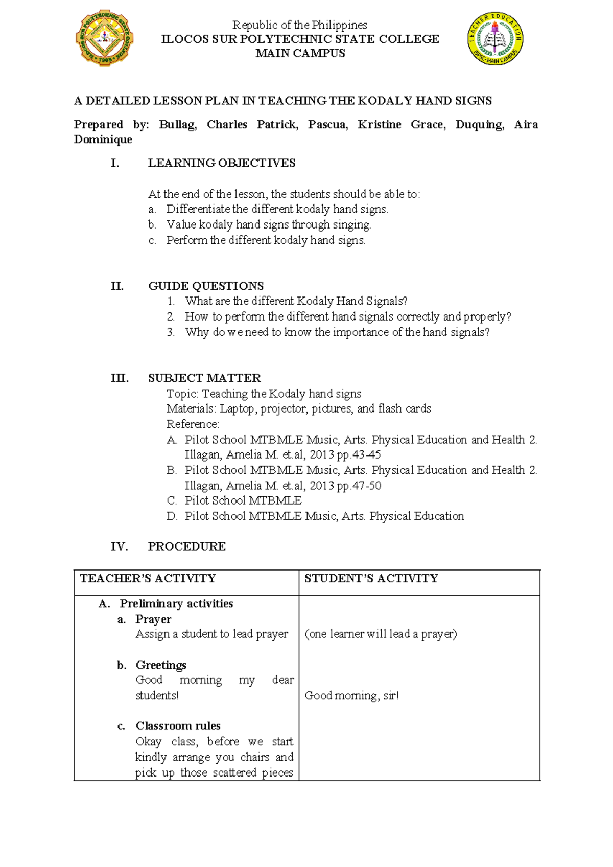 DLP: Teaching Kodaly Hand Signs - Lesson Plan for Music Education - Studocu