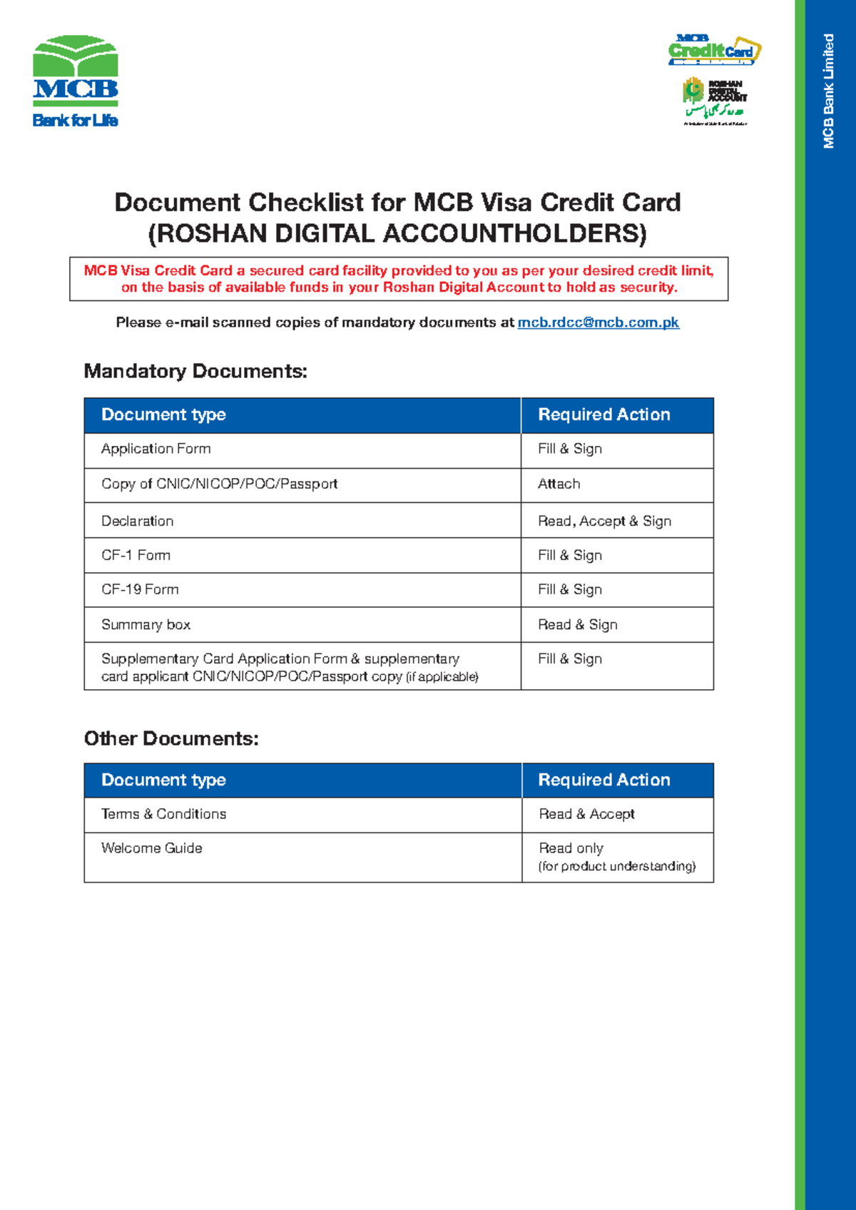 MCB RDA Visa Credit Card Application Checklist & Required Forms - Studocu