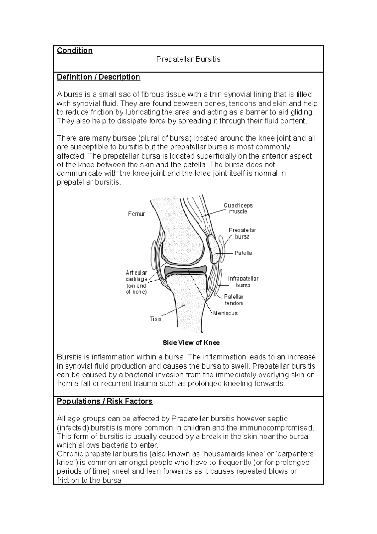 Prepatellar Bursitis - clinical pattern sheet - Condition Prepatellar ...
