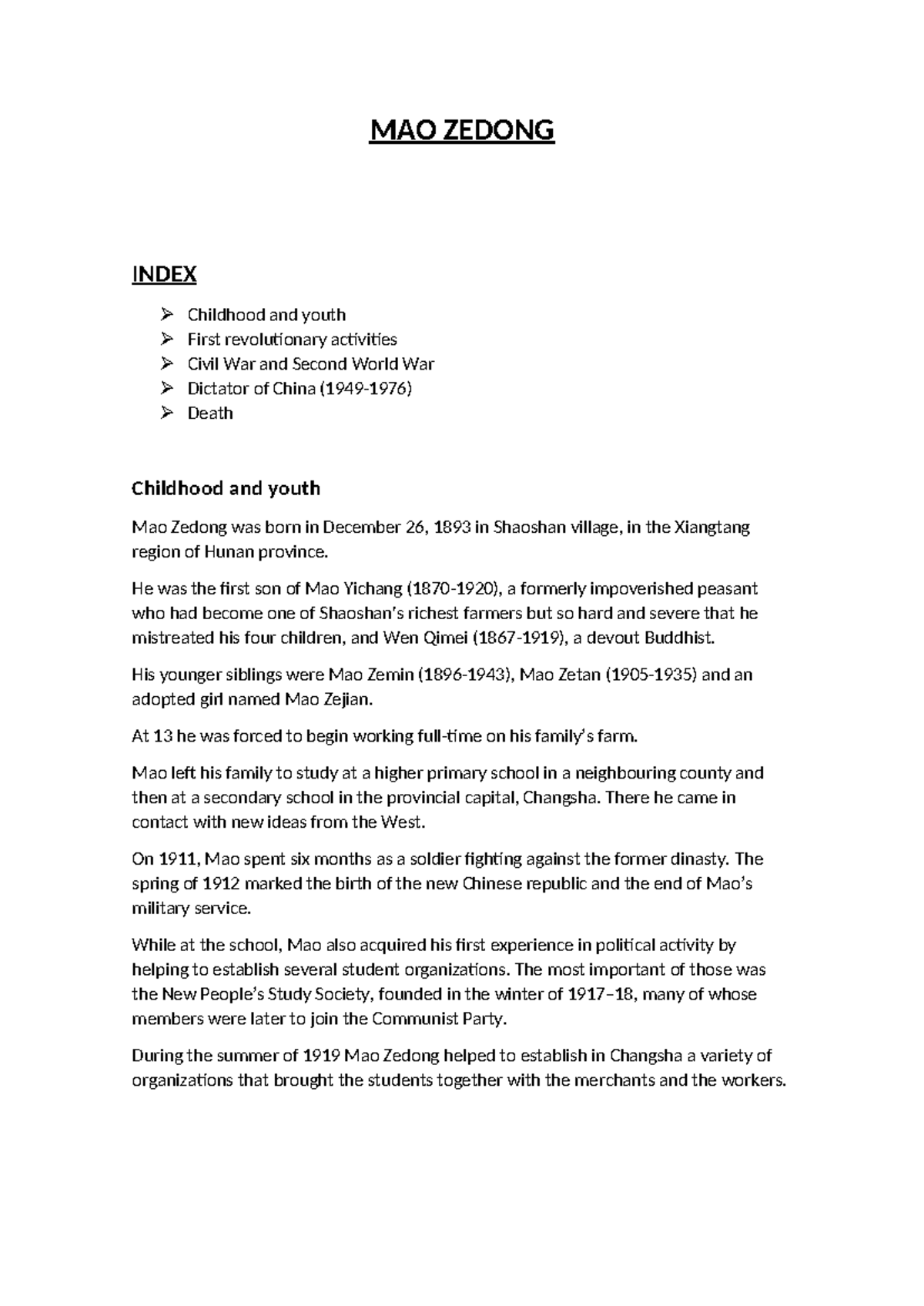 MAO Zedong word - MAO ZEDONG INDEX Childhood and youth First ...