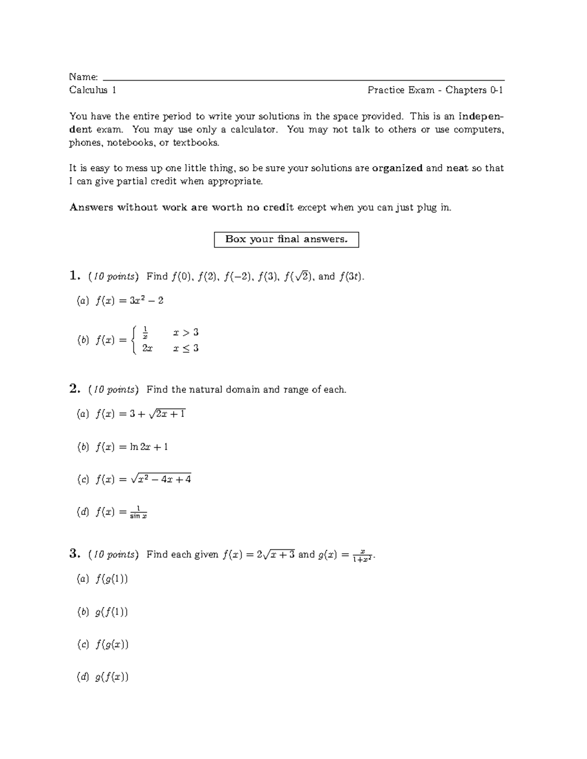 MATH 111 Practice Exam 1 Pre Calc and Limits - Name: Calculus 1 ...