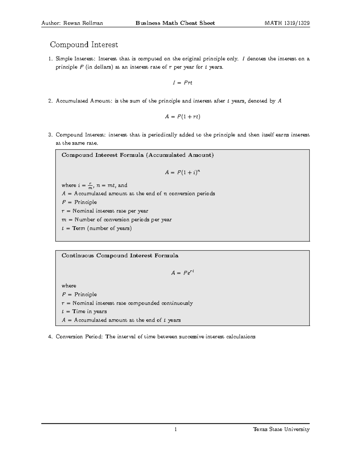 Business Math Cheat Sheet MATH: Key Concepts & Formulas - Studocu