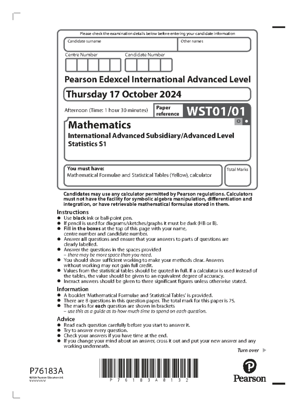 Mathematics IAL Statistics S1 Exam Details - 17 Oct 2024 - Studocu