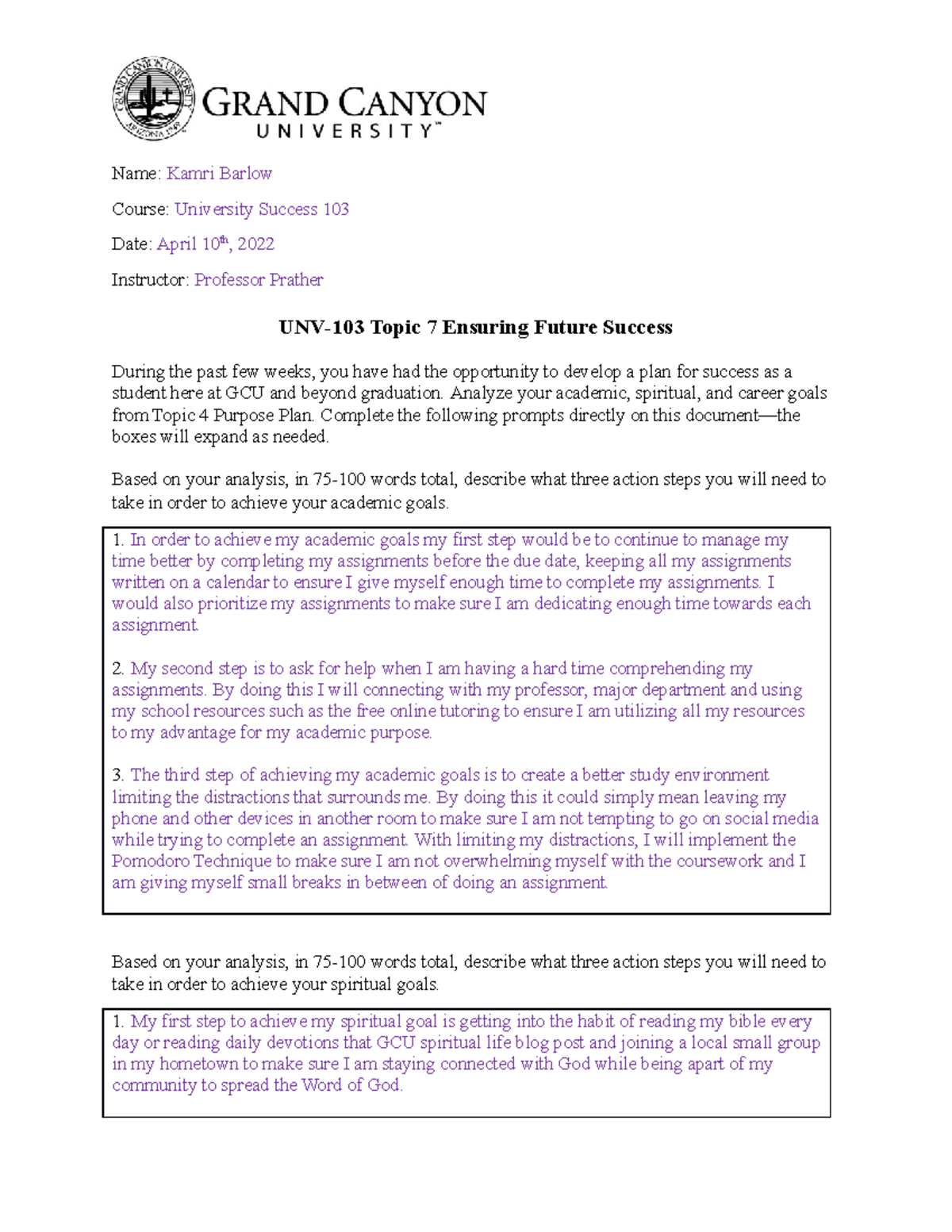 GCU UNV-103 Reflection Assignment 04: Strategies for Future Success ...