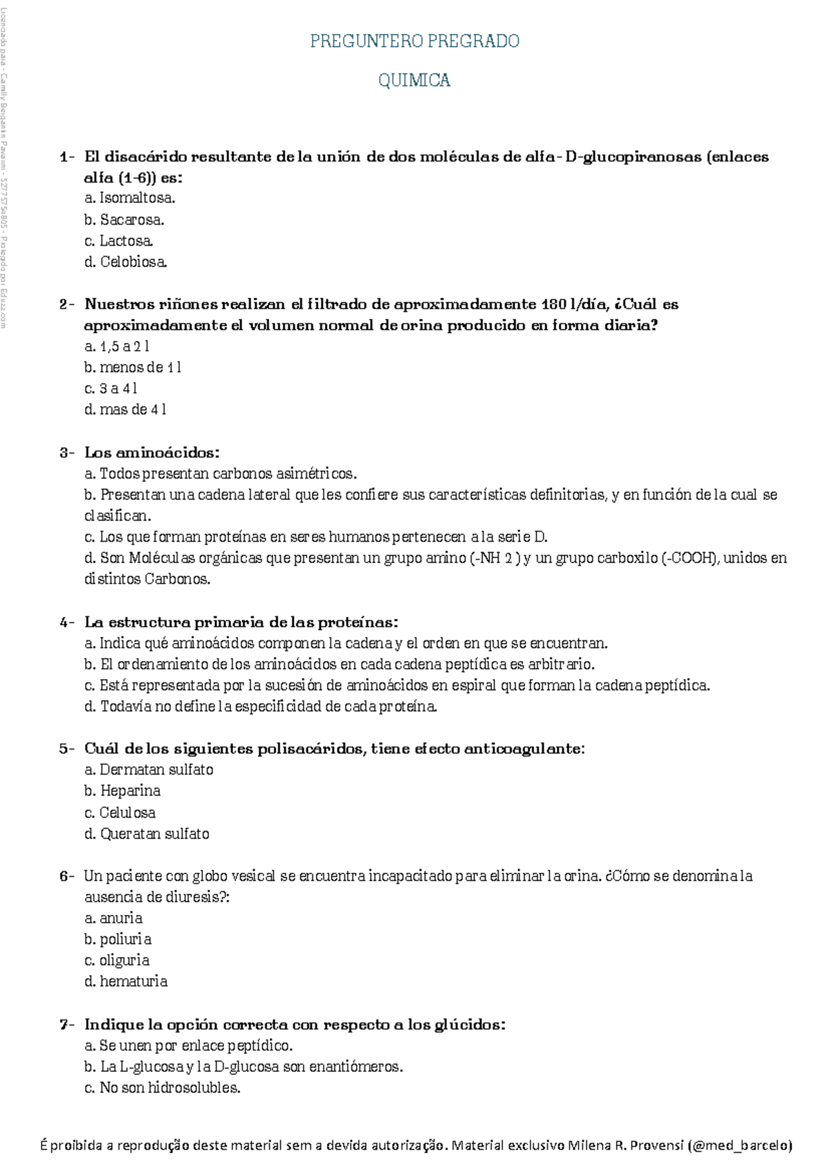 Preguntero QUÍMICA - Pregunta - PREGUNTERO PREGRADO QUIMICA 1- El ...