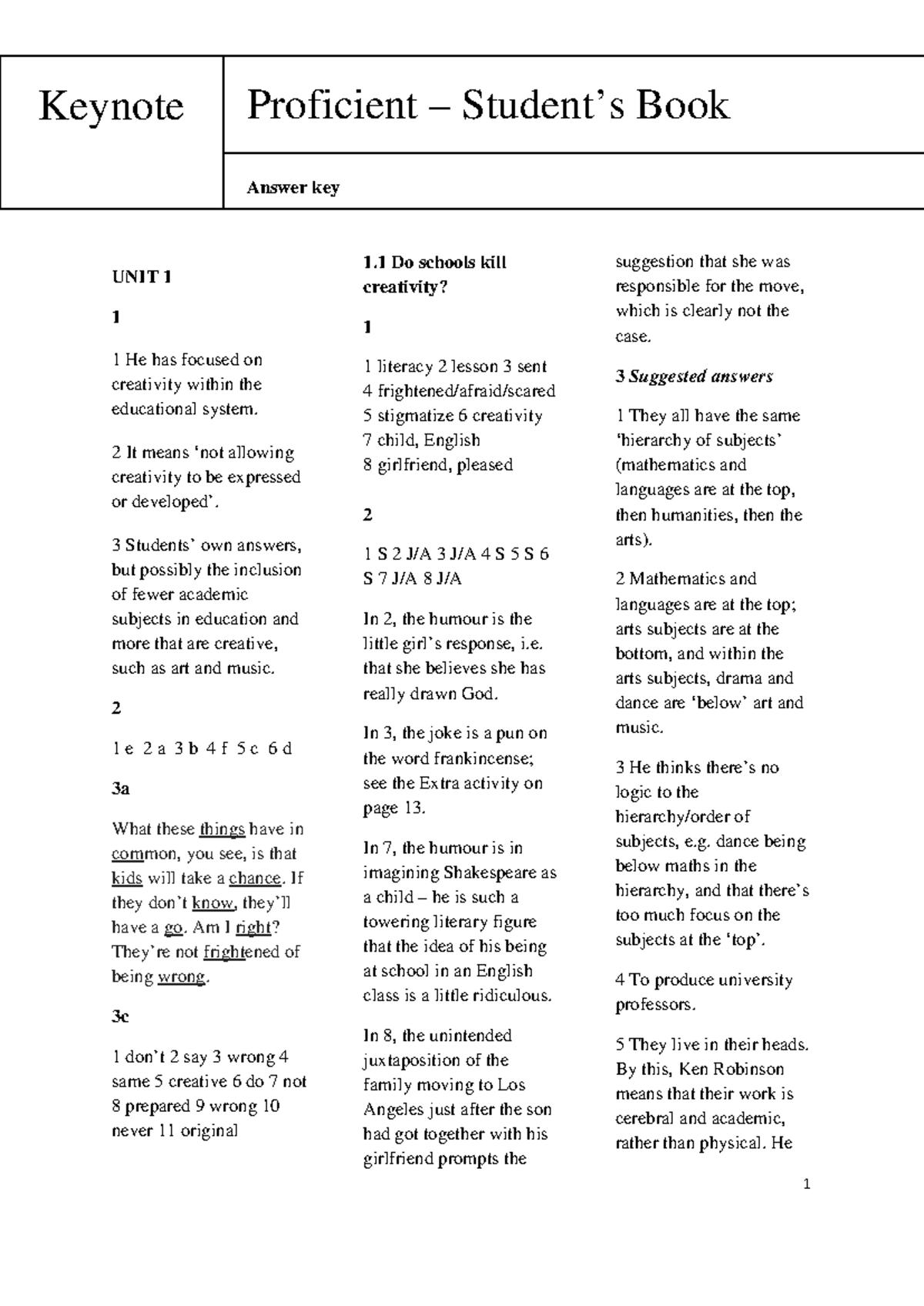 Proficient Keynote Student's Book Answer Key (Units 1 & 2) - Studocu