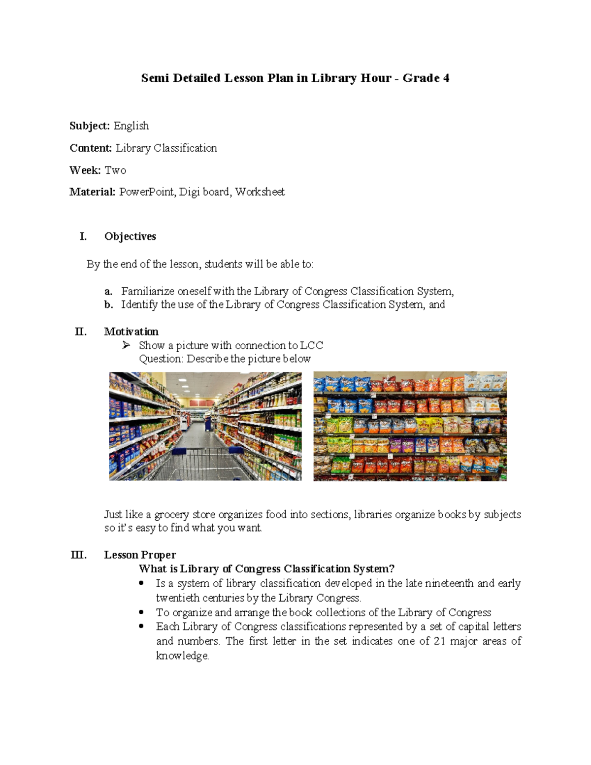 Grade 4 English Lesson Plan: Library Classification (Week 2) - Studocu
