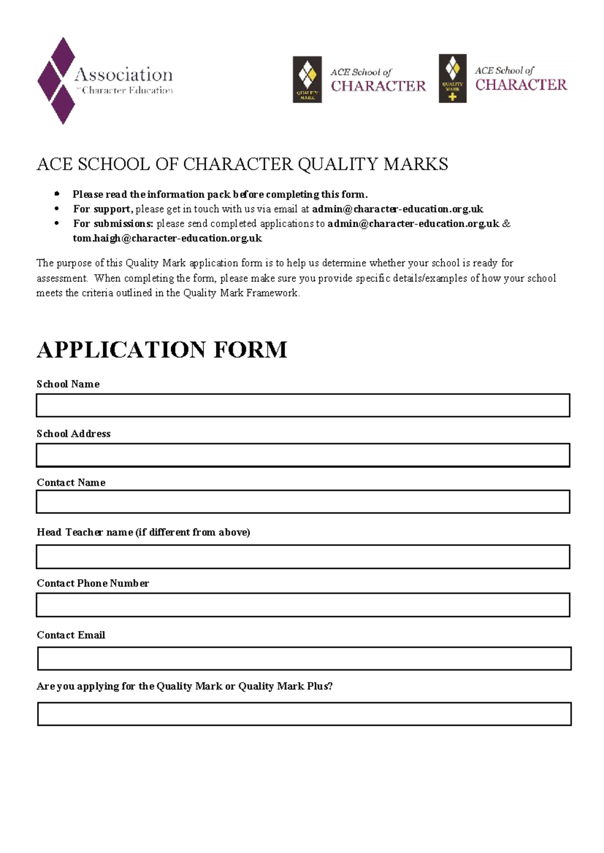 ACE School of Character Quality Mark Application Form 24-25 - Studocu