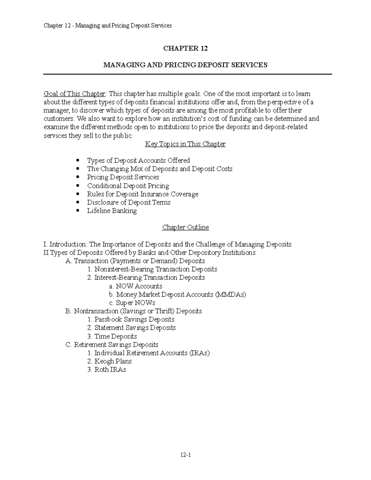 MN 341 Chapter 12: Managing and Pricing Deposit Services Insights - Studocu