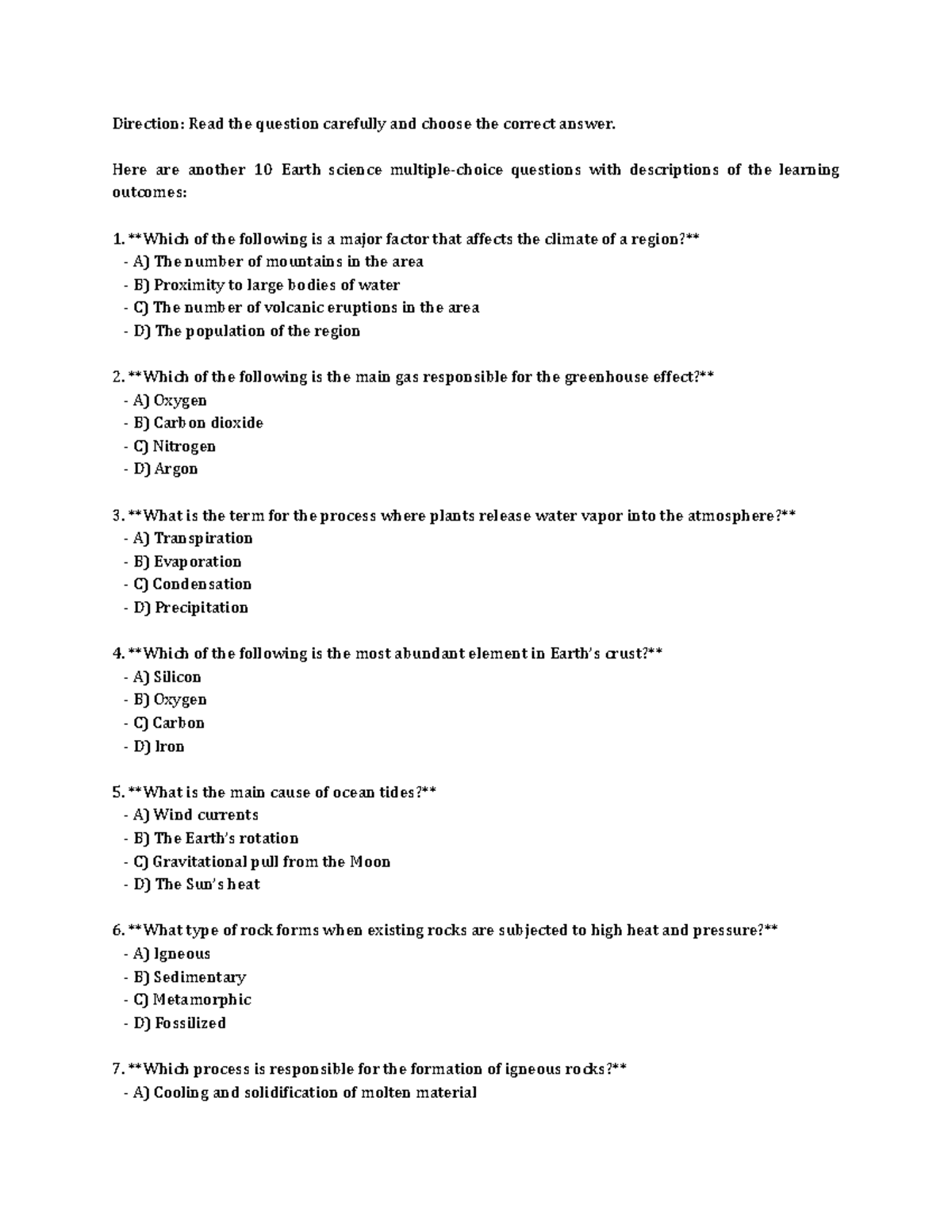 SAA22 - Earth Science Quiz: Key Concepts and Learning Outcomes - Studocu
