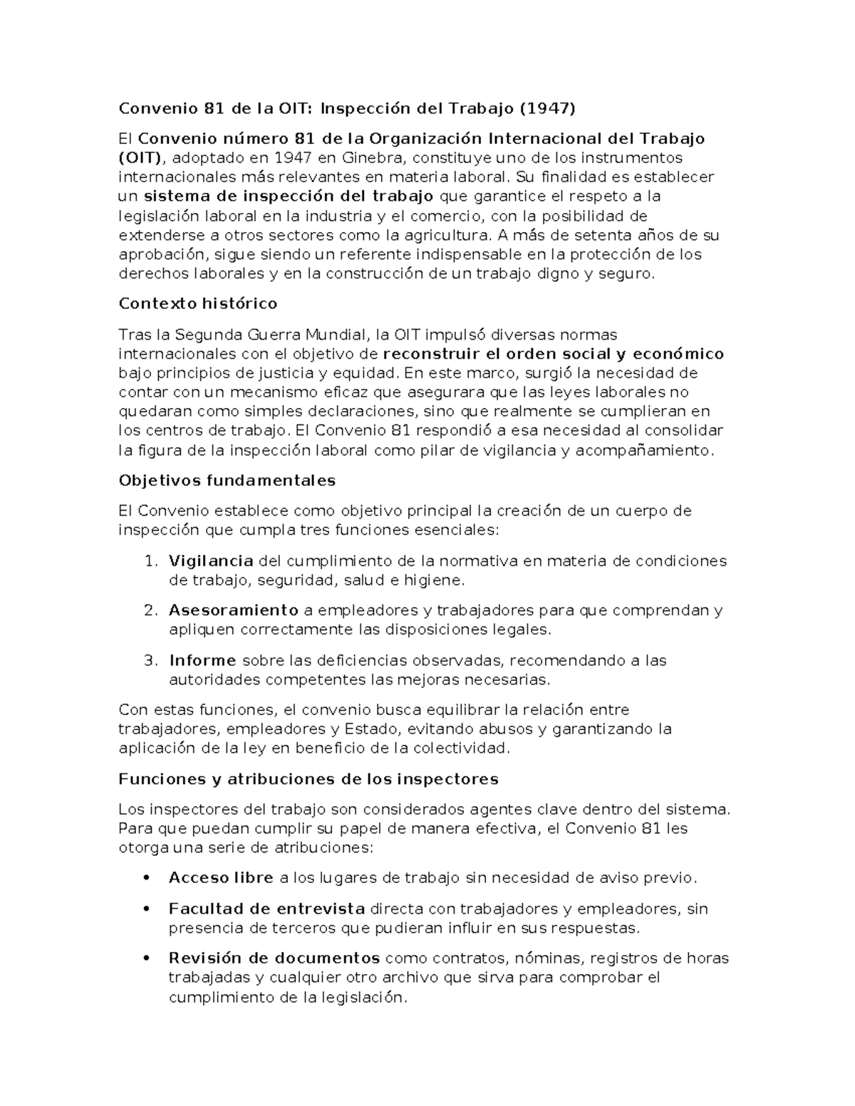 Convenio 81 de la OIT: Inspección del Trabajo y su Relevancia - Studocu