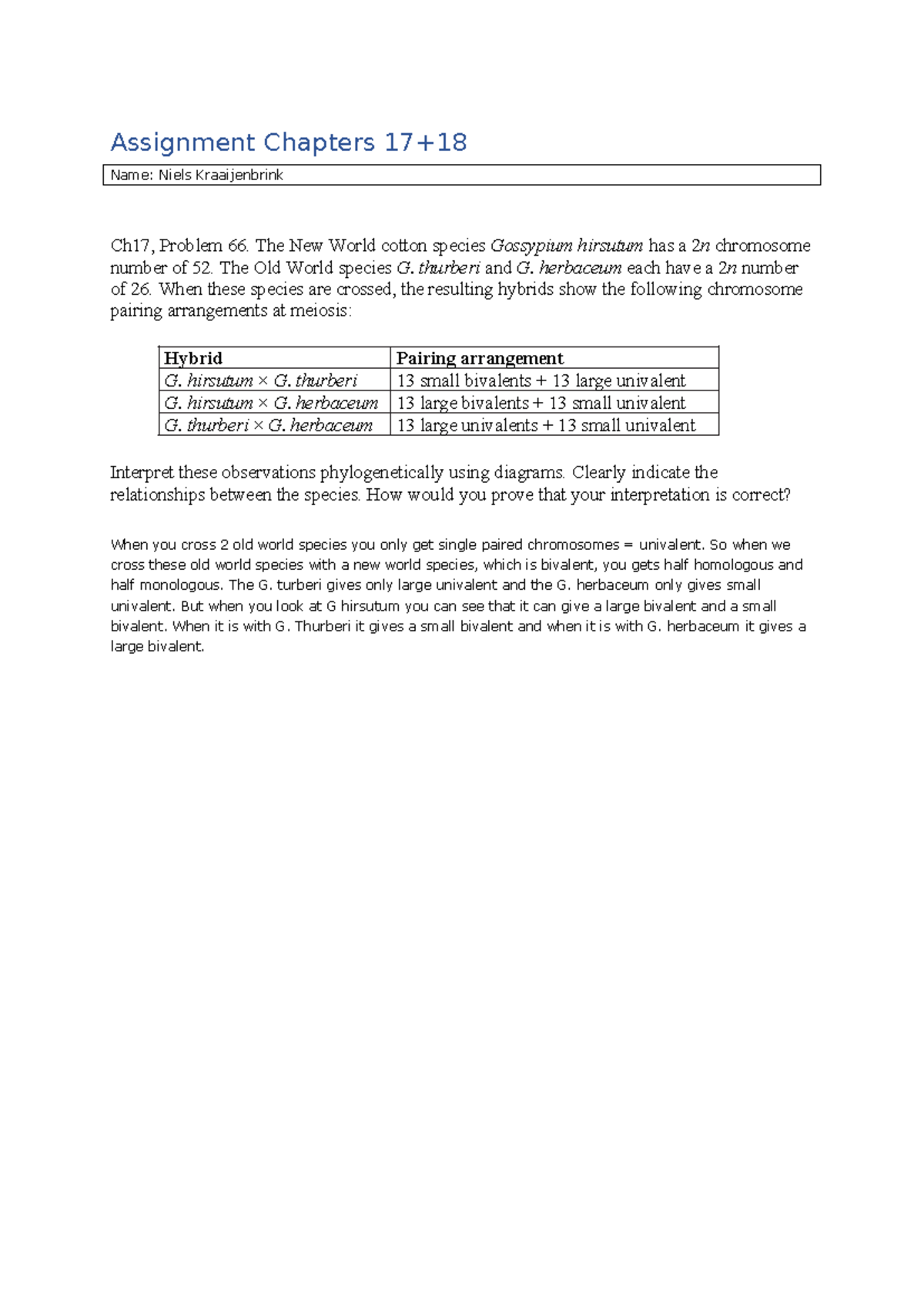 Biology Assignment: Chapters 17 & 18 Analysis and Problems - Studeersnel